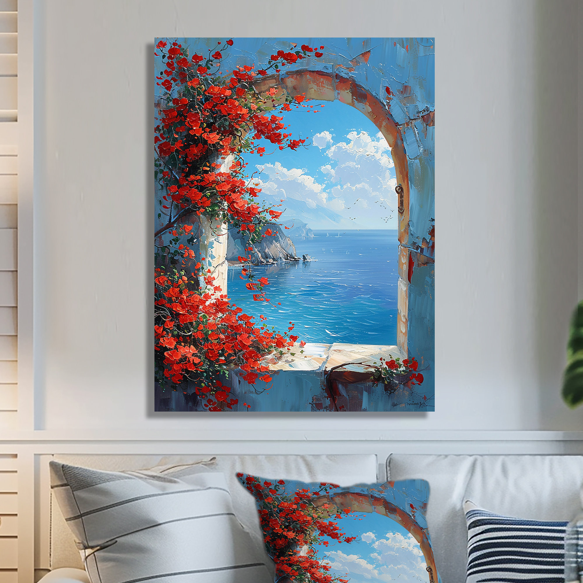 Highland Dunes Red Flowers Window View At The Blue Ocean Horizon ...