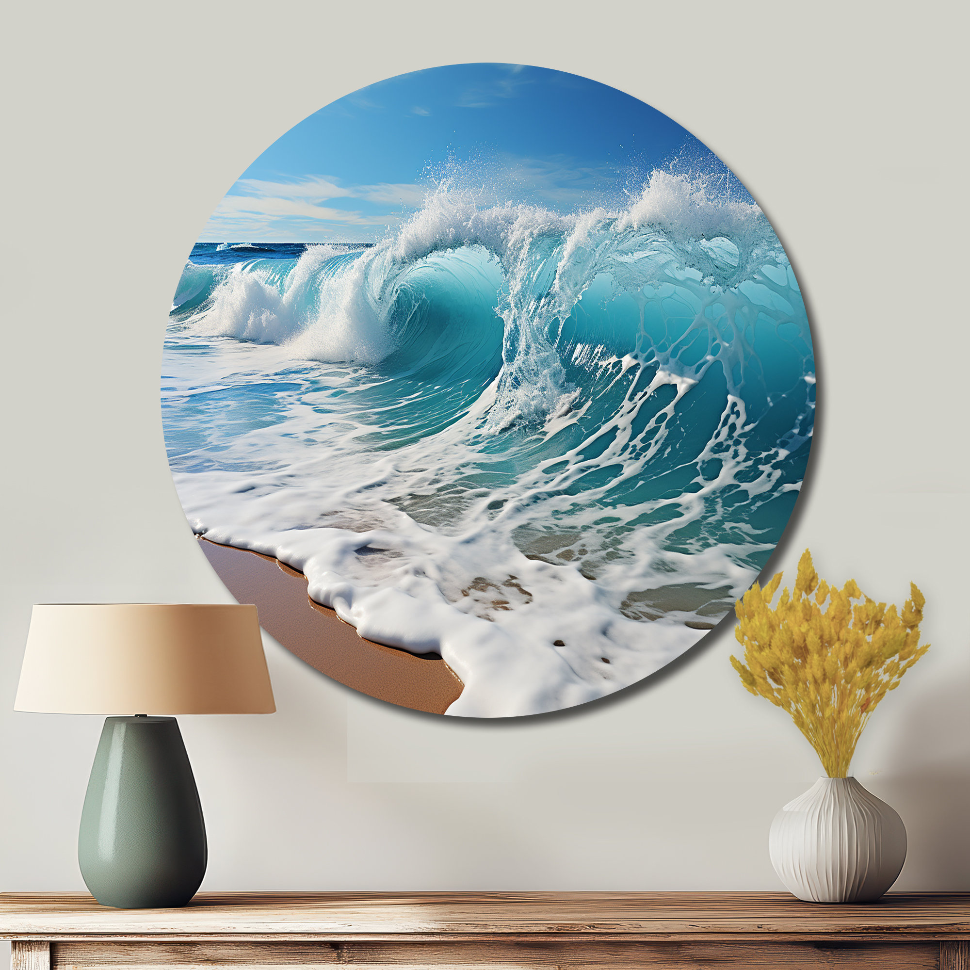 Highland Dunes Turquoise Power Of Ocean Wave I - Coastal Round Metal ...