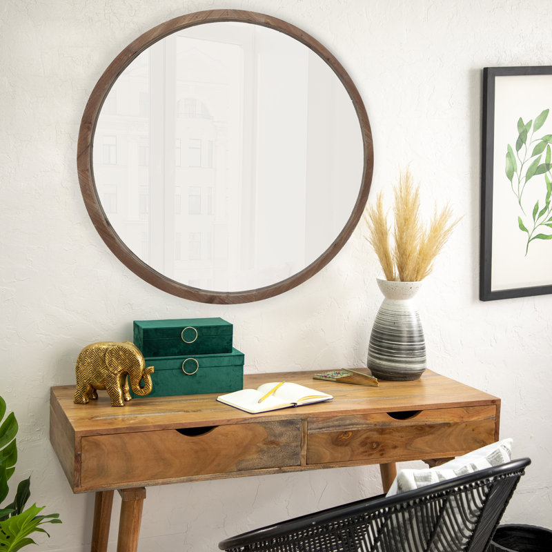 Latitude Run® Neutral Wood Brown 32" Round Mirror - 32" x 32" x 1 ...