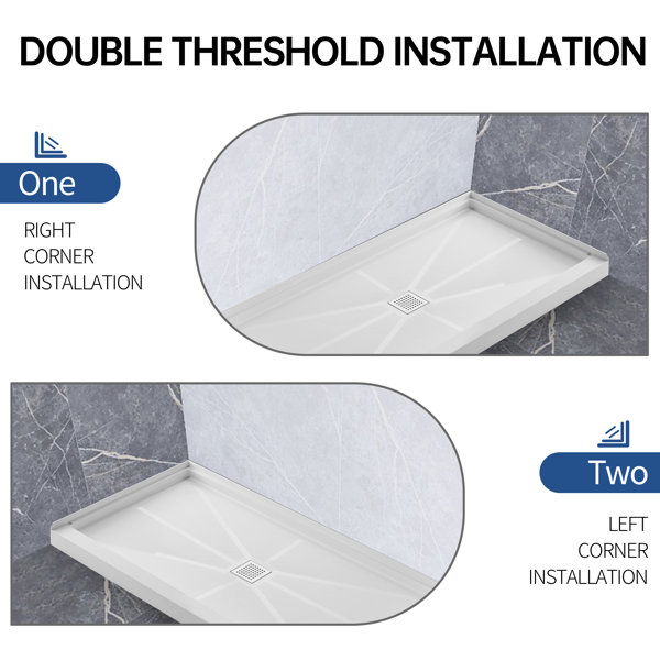 MEDUNJESS 60" X 32" Square White Shower Base Center Drain, Non-Slip ...
