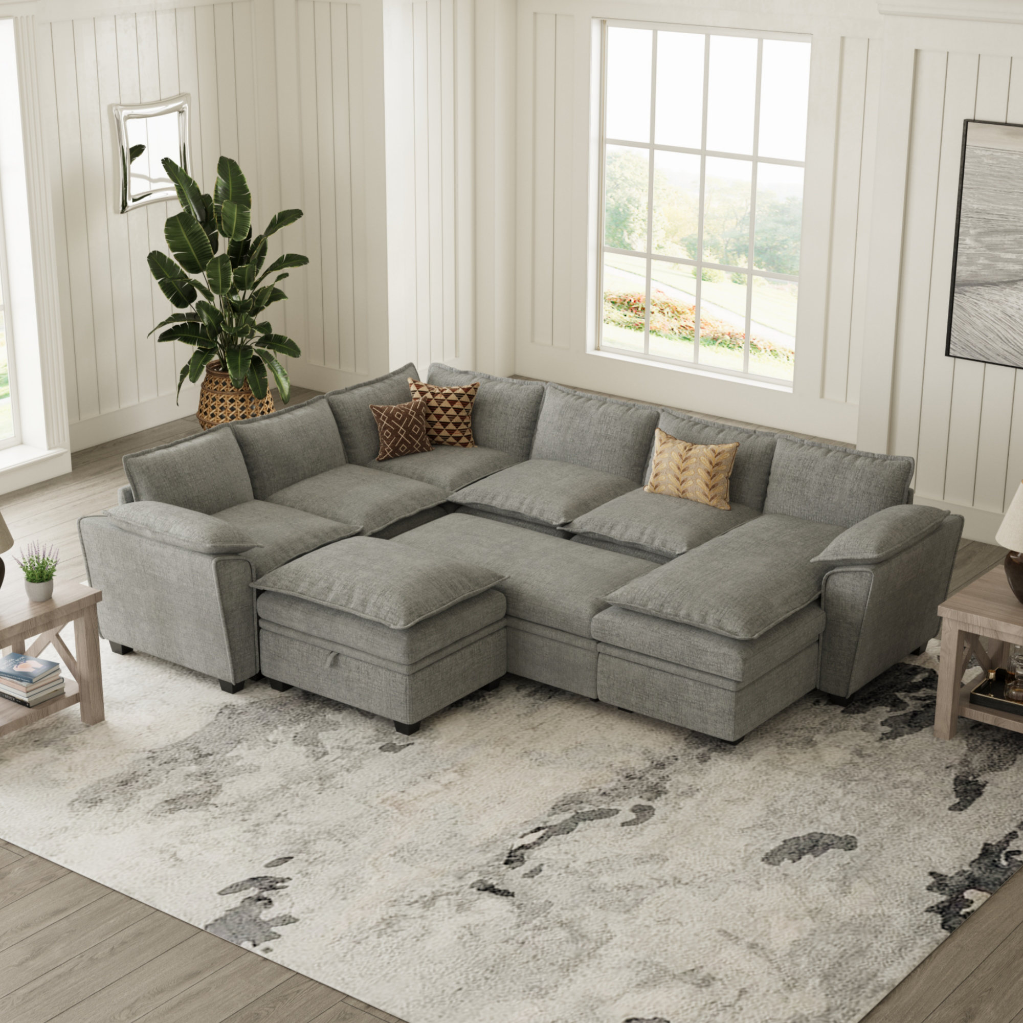 Latitude Run® Luna Chenille U-Shaped Sofa Sectional Pull Out Bed Sleeper Livingroom Storage Seat ...