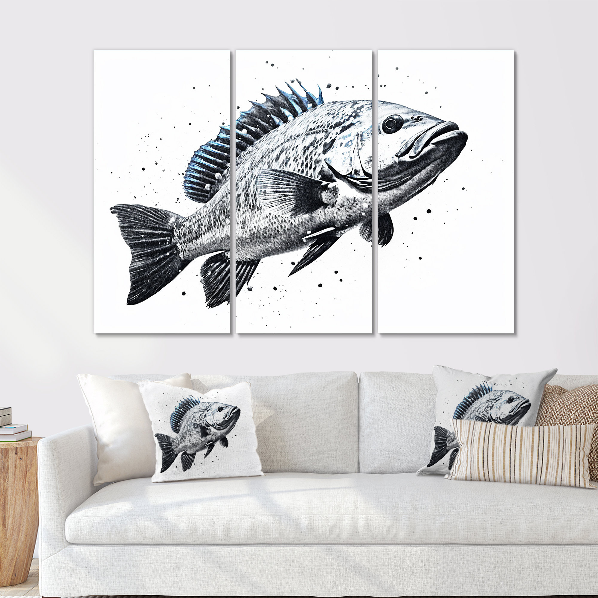 Dovecove Monochrome Black And White Fish Crawl I - Coastal Coral Under ...