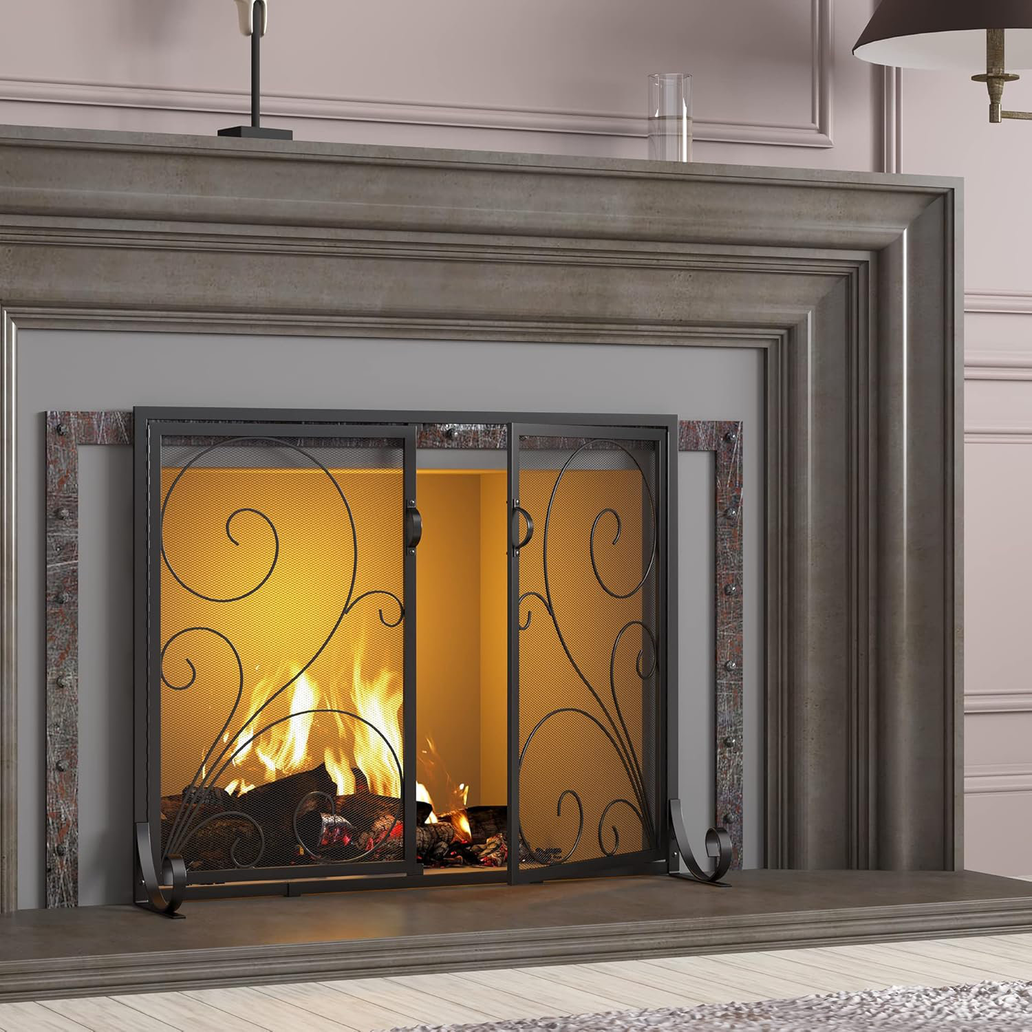 Artmeer Matte Black Fireplace Screen with Double Doors - Adjustable ...