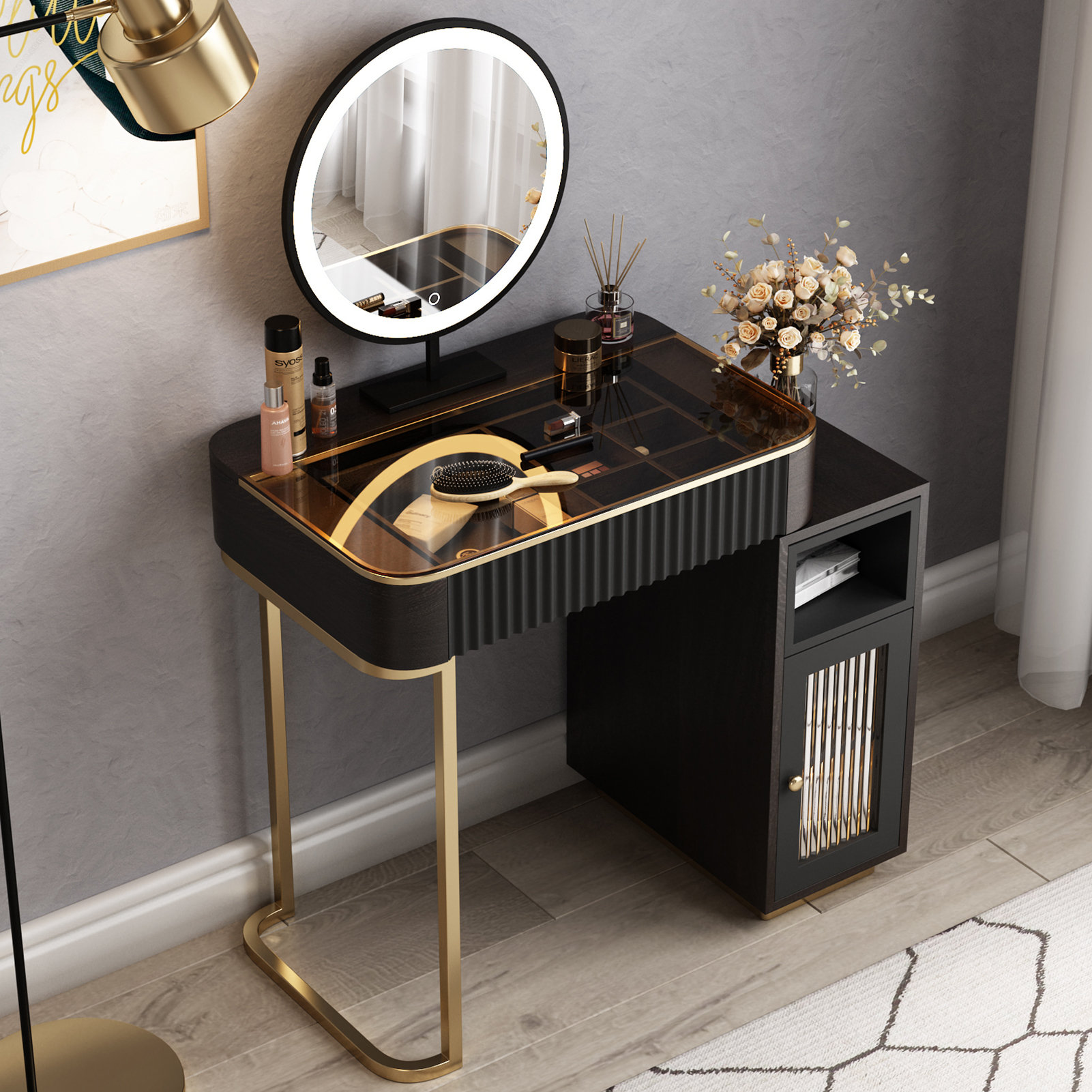 Latitude Run® Chiquitha High-quality Makeup Vanity ,Glass Top,Corner ...