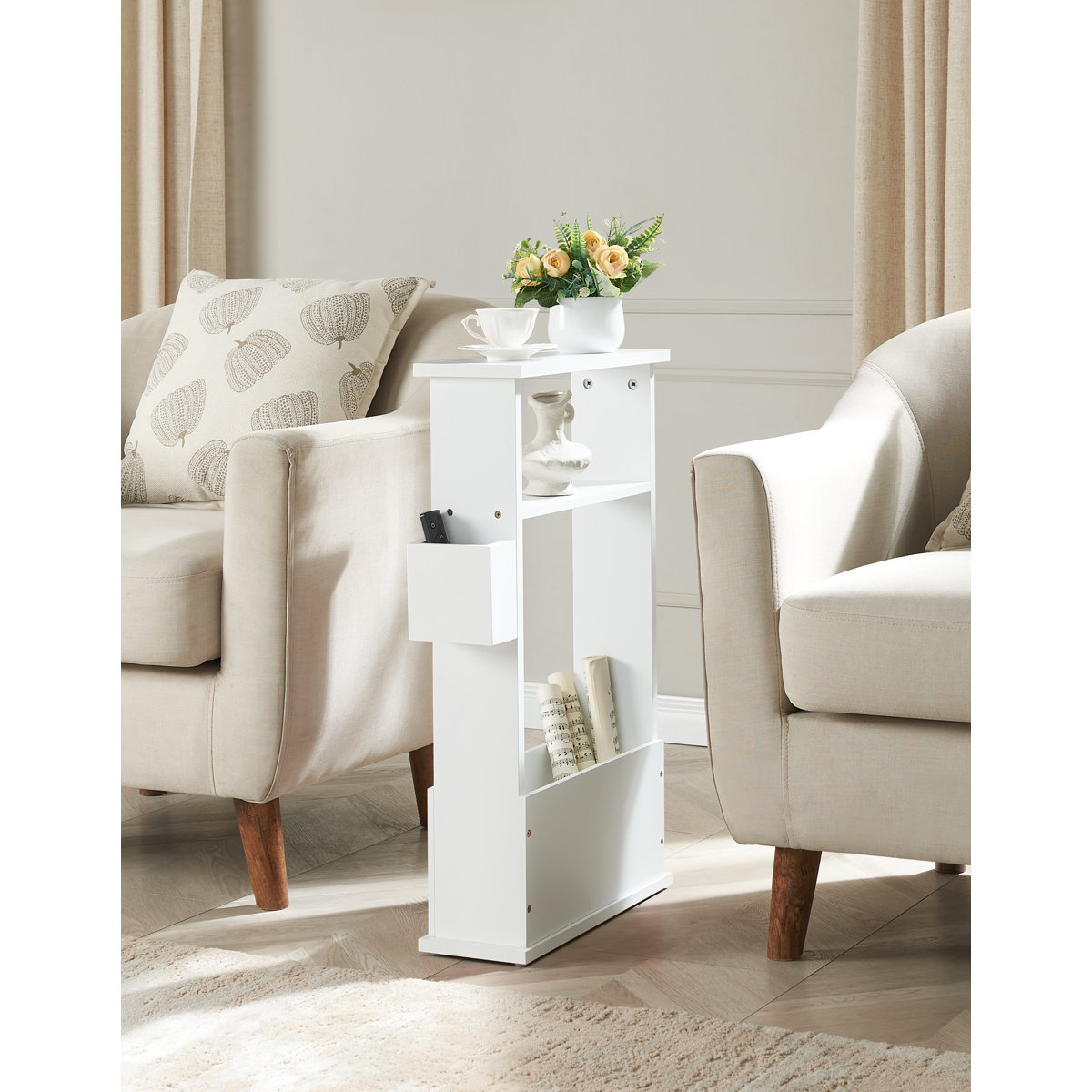 Ebern Designs Zeke Narrow Magazine Side Table with Shelf and Storage ...