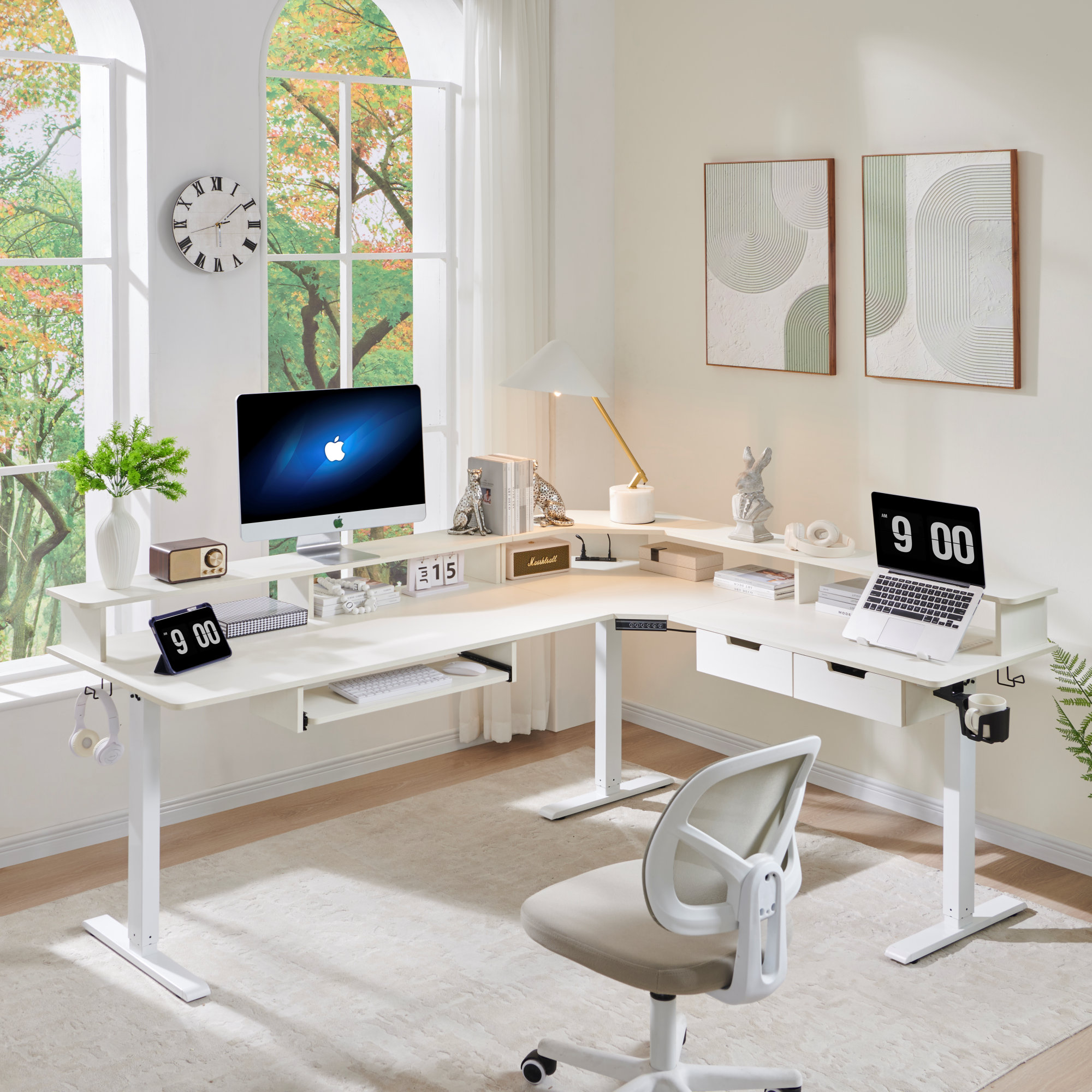 Inbox Zero 75" L-shaped Electric Standing Desk With Smart Hub & Height ...