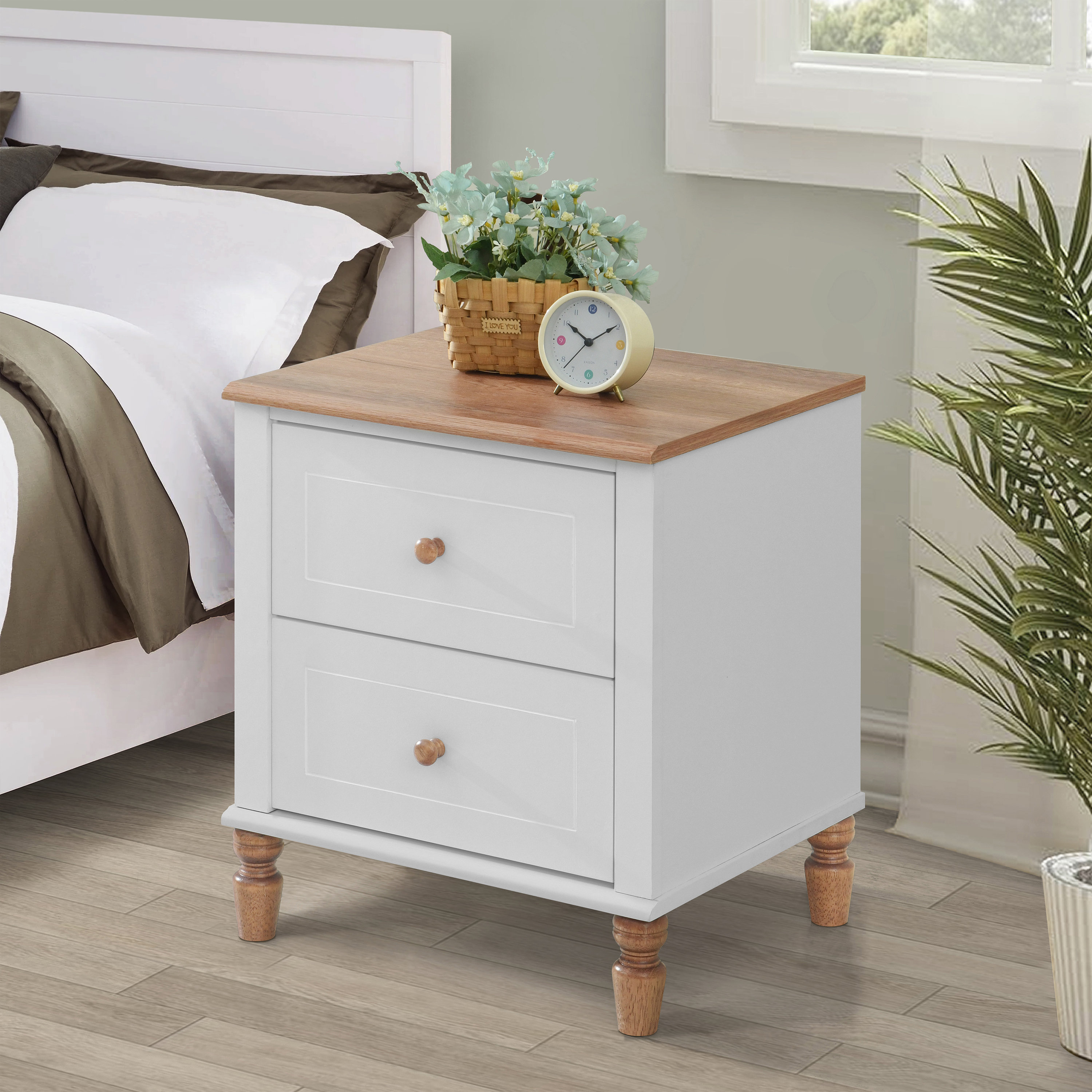 Charlton Home® Woody 2 Drawer Wood Nightstand, Bedside Table with ...