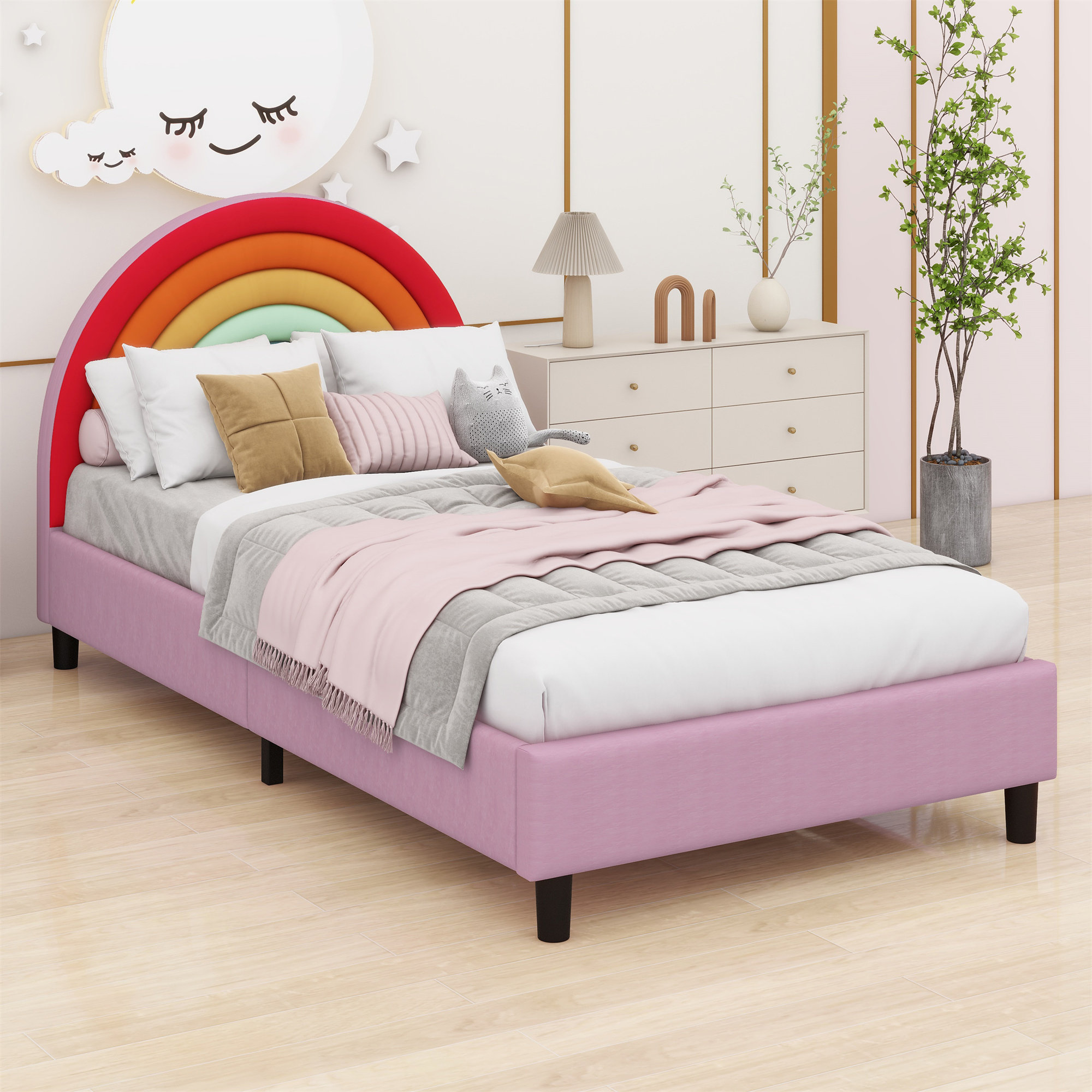 Latitude Run® Rainbow Design Upholstered Platform Bed Cute Style ...