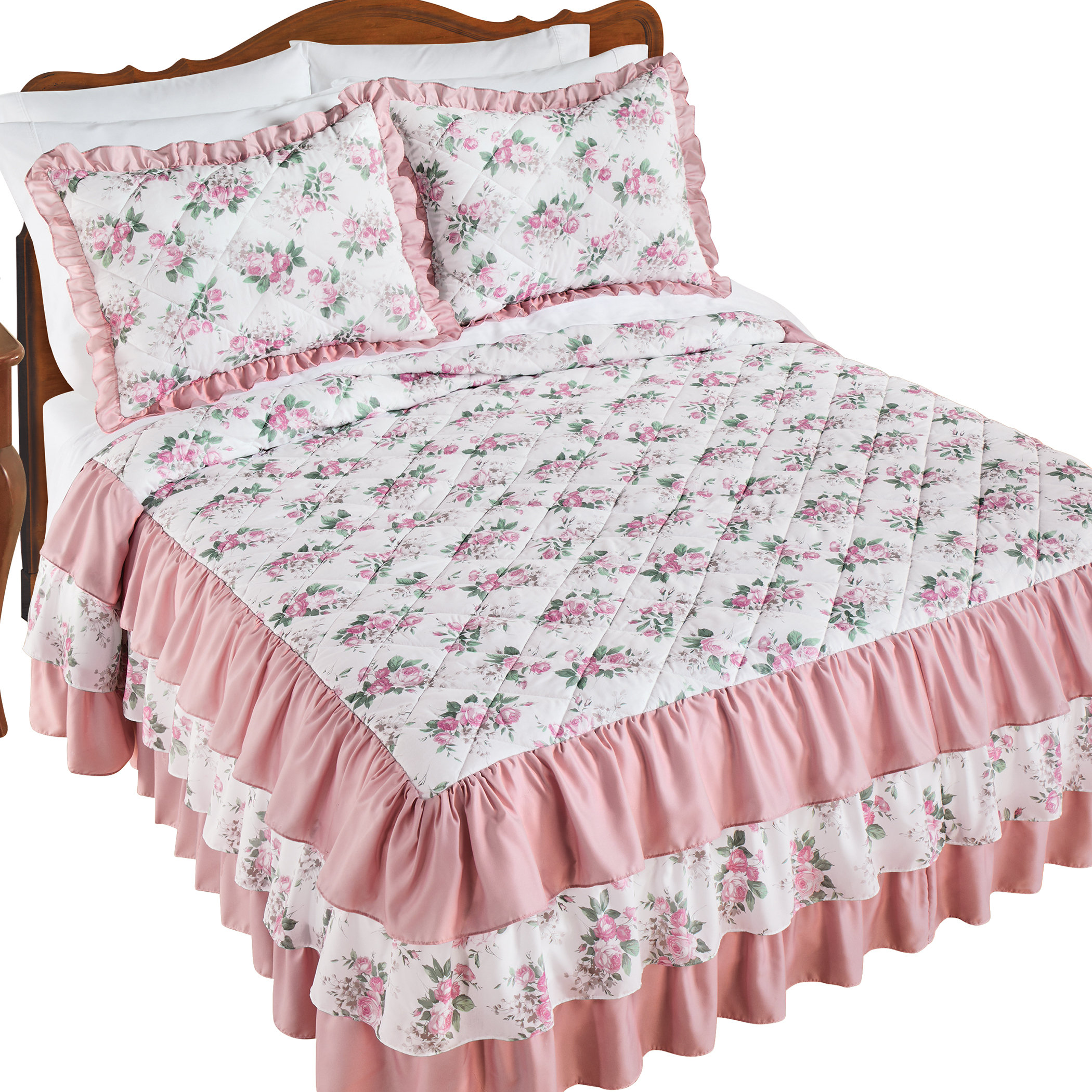 Winston Brands Lovely Rose Triple Ruffle Border Quilt-Top Bedspread ...