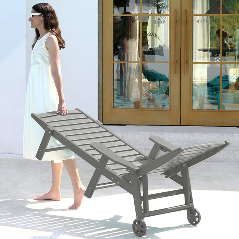 Highland Dunes Wheels Lounge Chaise Outdoor Wood Texture Pool Lounge ...