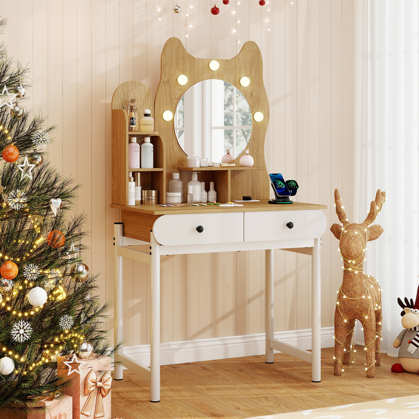 House of Hampton® Small Vanity Desk w/ Mirror & Lights Cute Kitty ...