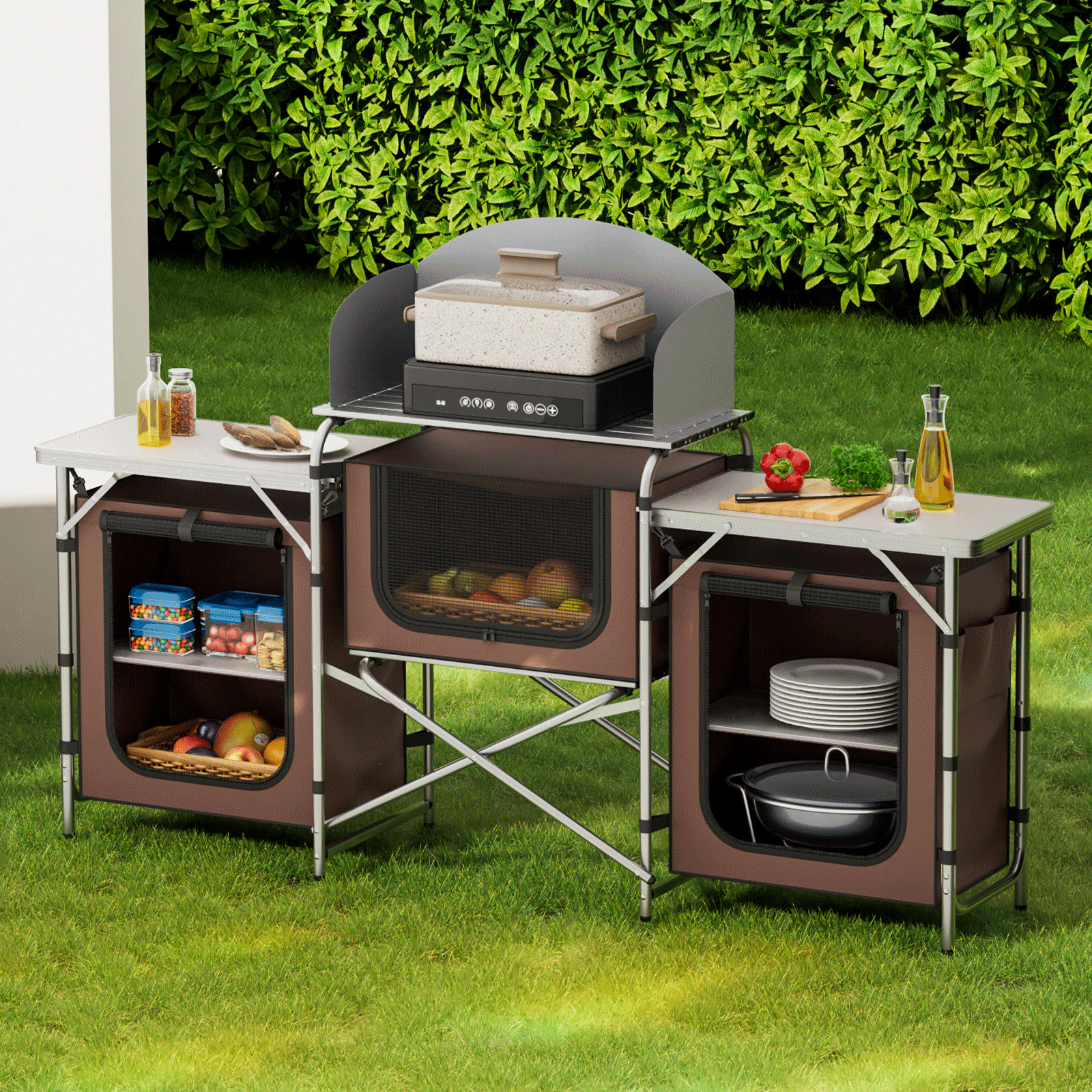 Arlmont & Co. Portable Folding Grill Table With Storage Organizer ...