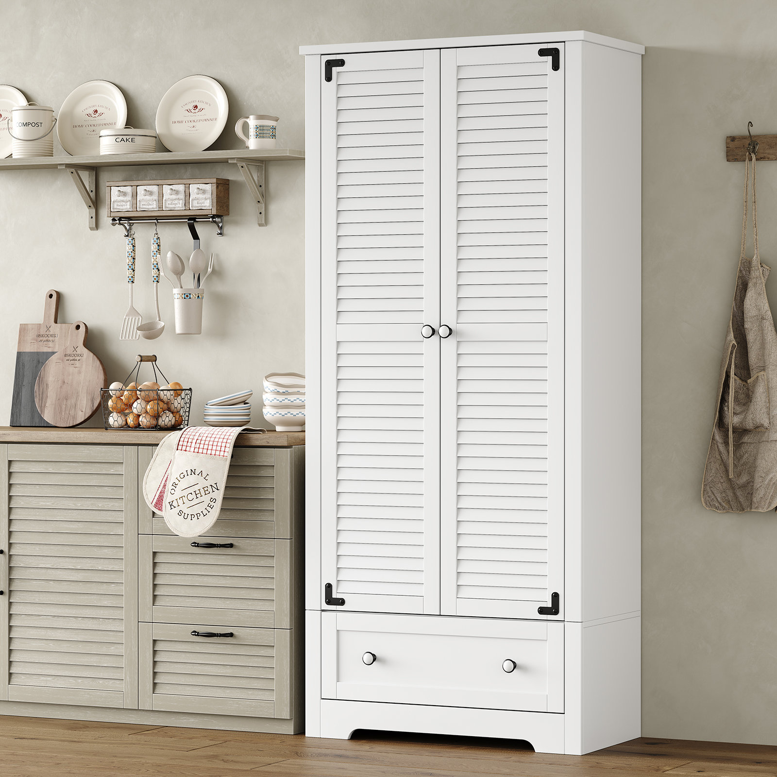 Winston Porter Linney 71'' Kitchen Pantry with Louvered Door,Tall ...