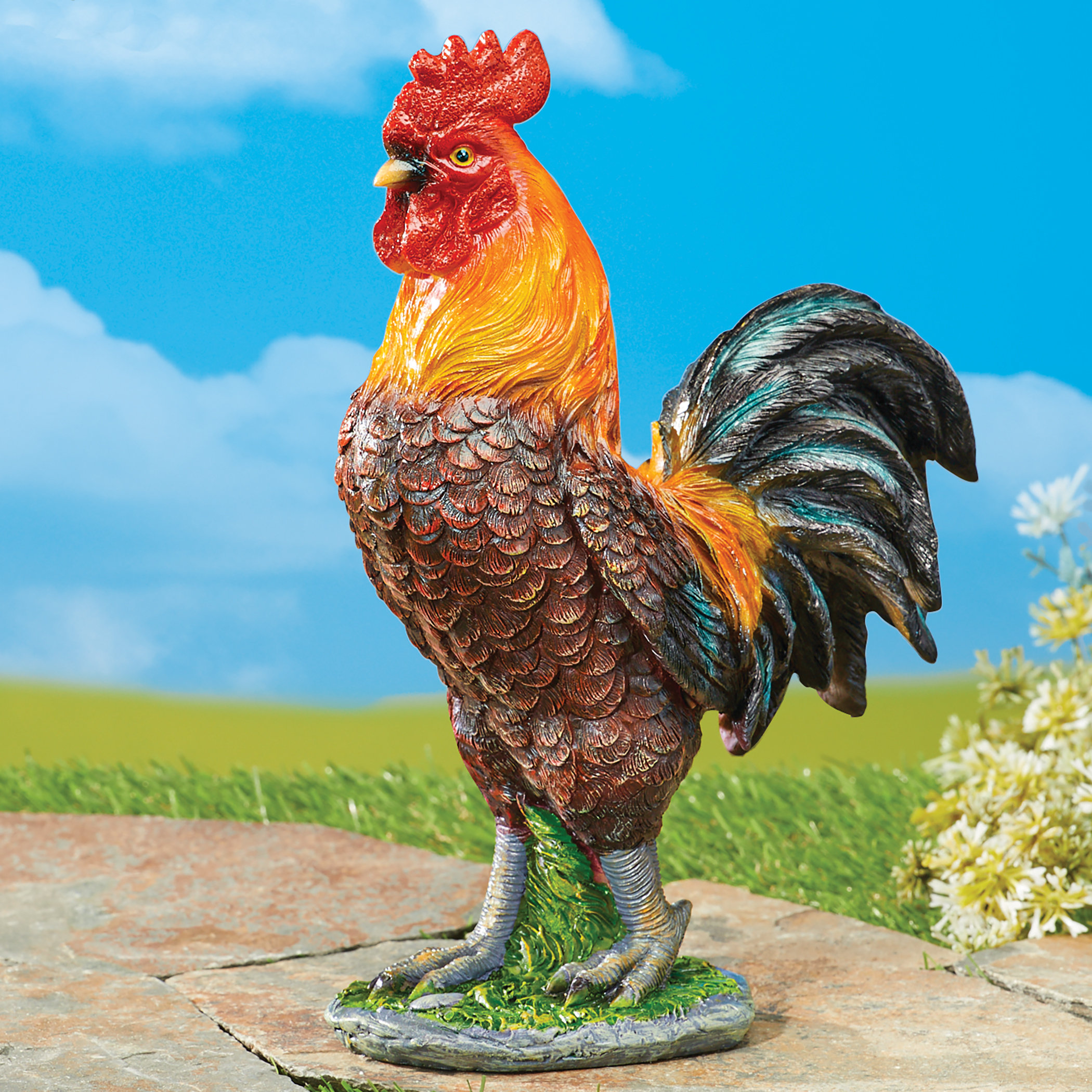 August Grove Hand-Painted Realistic Farm Chicken Outdoor Statue ...