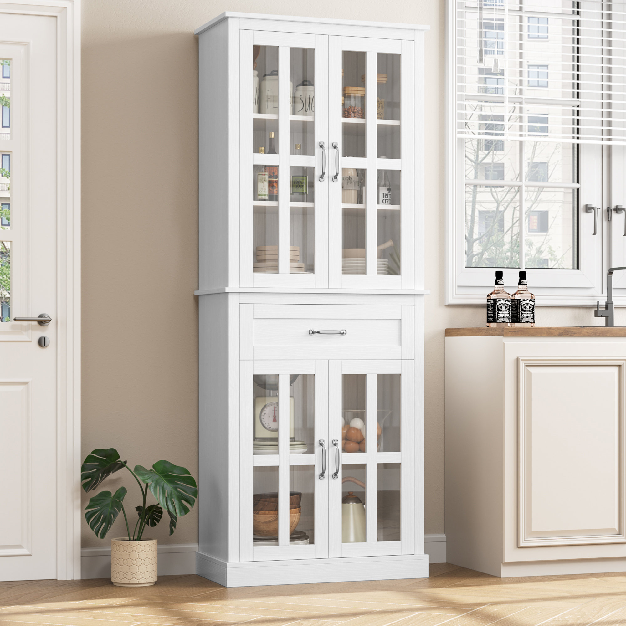 Lark Manor Aviva 70.9'' Kitchen Pantry with Glass Doors, Adjustable ...