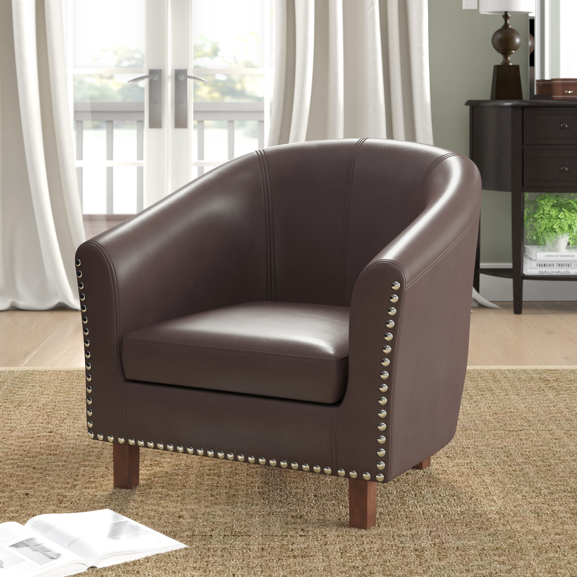 Andover Mills™ Marwood Faux Leather Barrel Accent Chair with Rubberwood ...