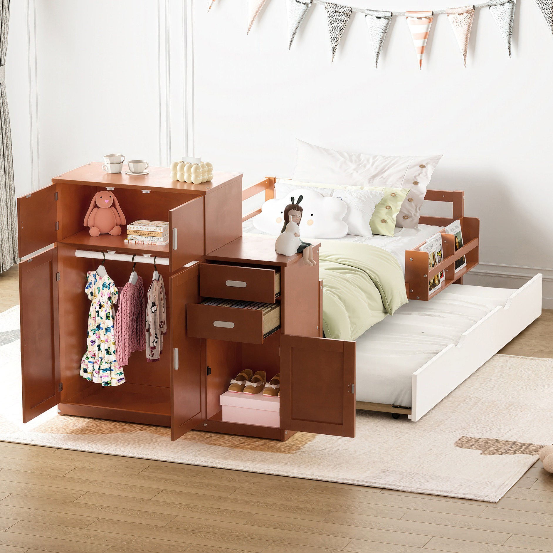 Latitude Run® Walnut Twin-size Bed With Bookshelf, Removable Wardrobe ...