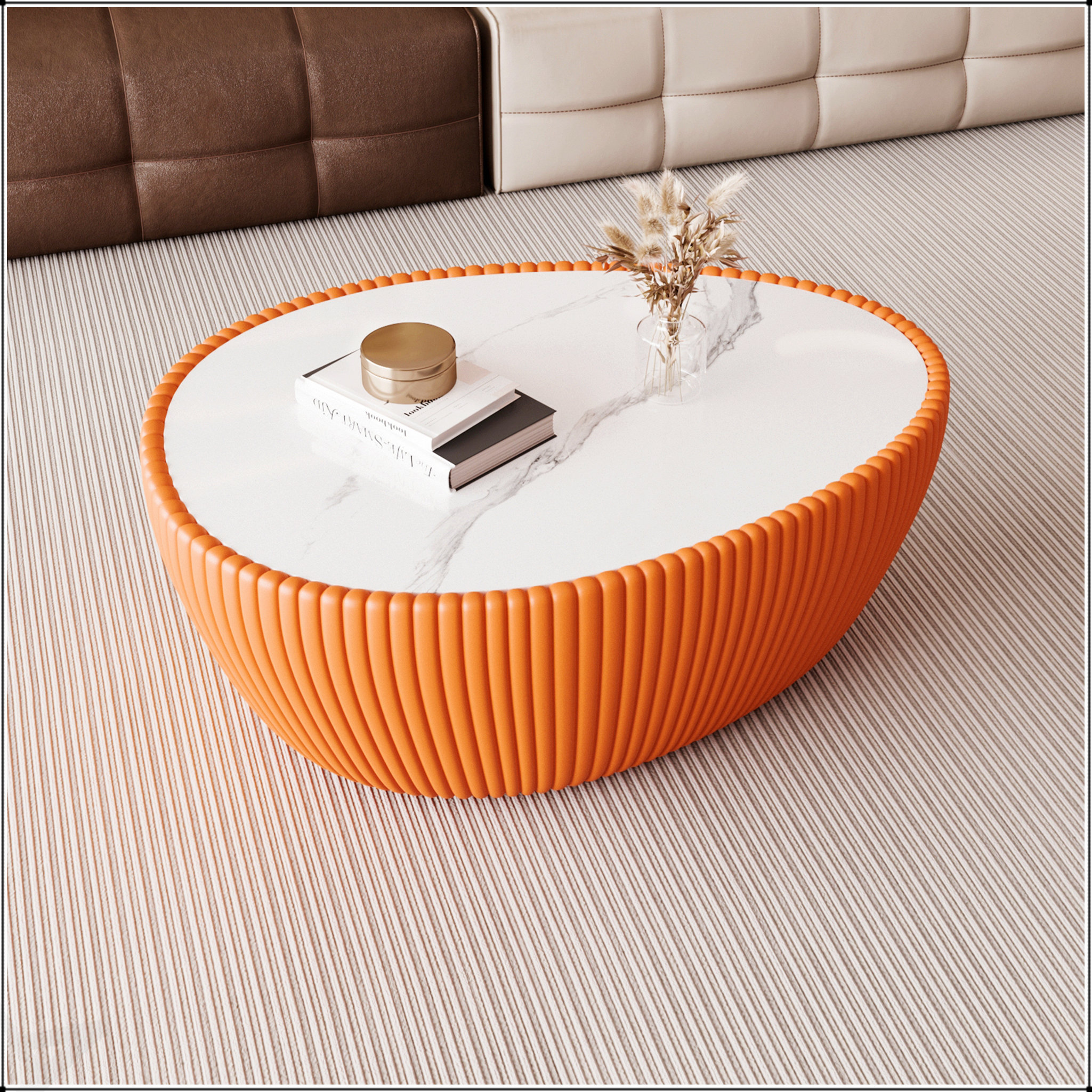 Latitude Run® Elegant Marble Top Goose Egg Shaped Leather Coffee Table ...