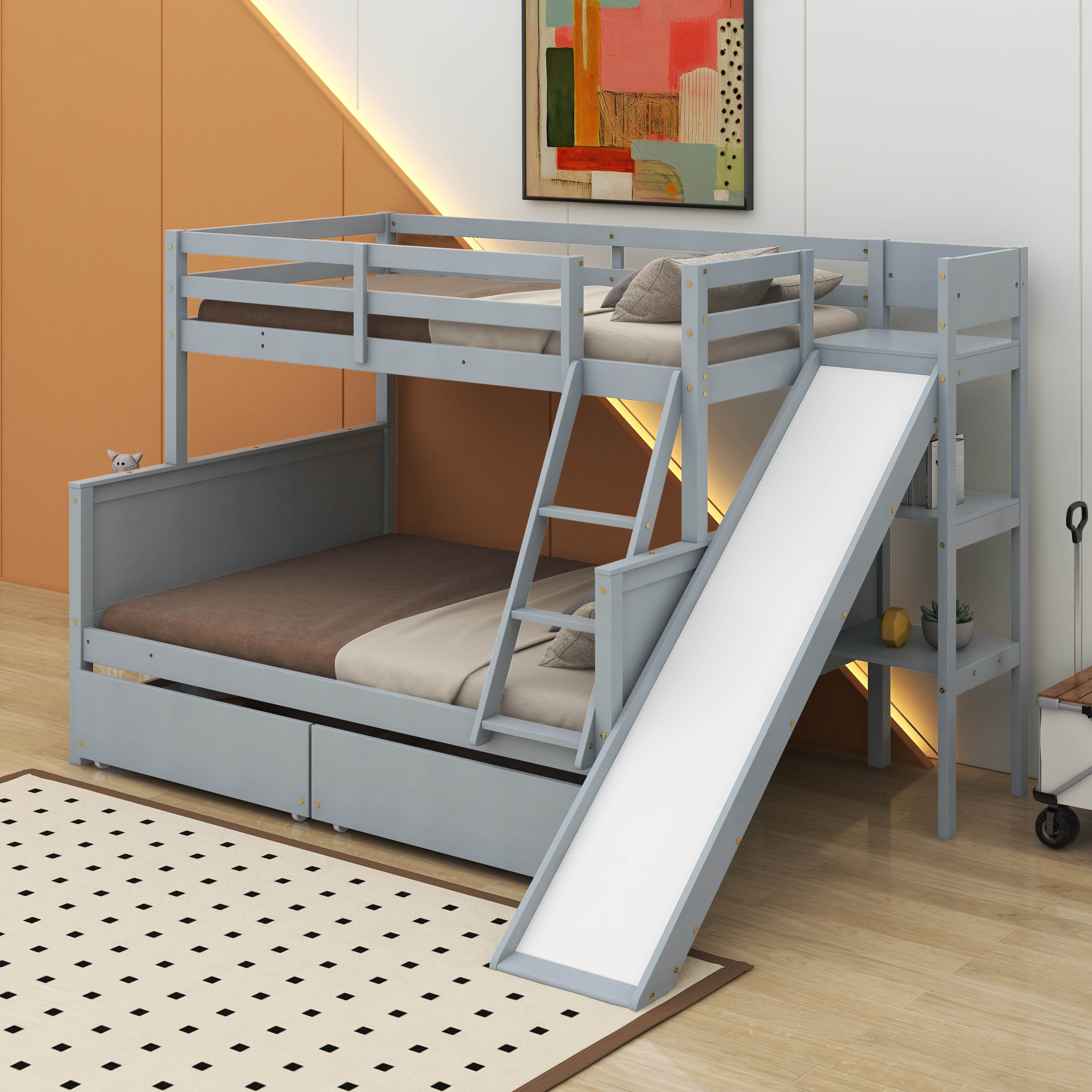 Kunpeng Twin Over Full Bunk Bed With 2 Drawers, Slide, Shelves, Ladder ...
