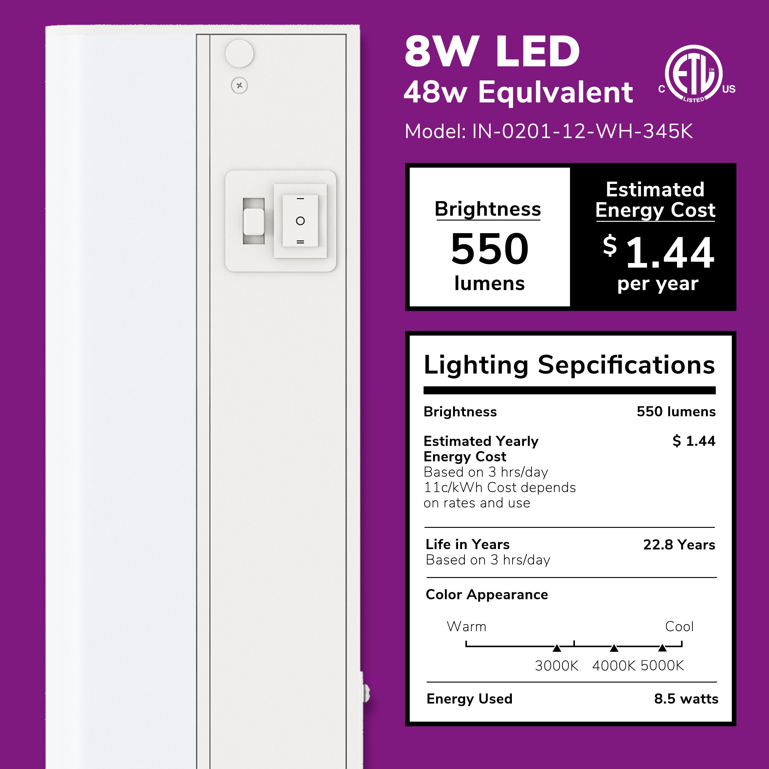 Inlight 3 Color Hardwired Under Cabinet LED Lights, selectable 12/18/24 ...