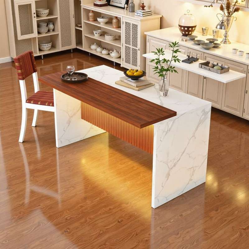 Ivy Bronx 63-inch Marble-Look MDF Kitchen Island with LED Lighting & Grille Design Counter ...