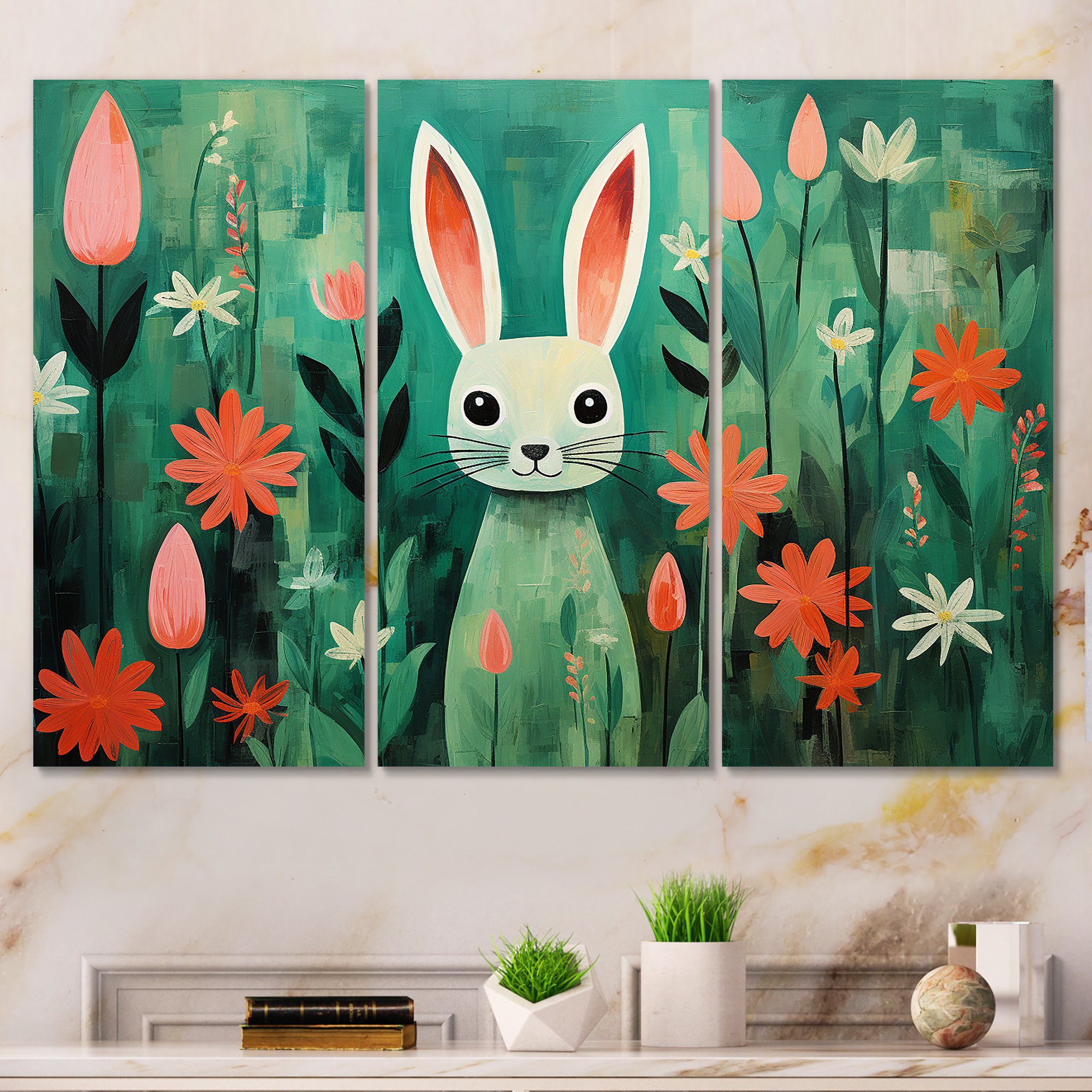 August Grove® Green And Pink Rabbit Flower Meadows - Rabbit Animal Wall ...