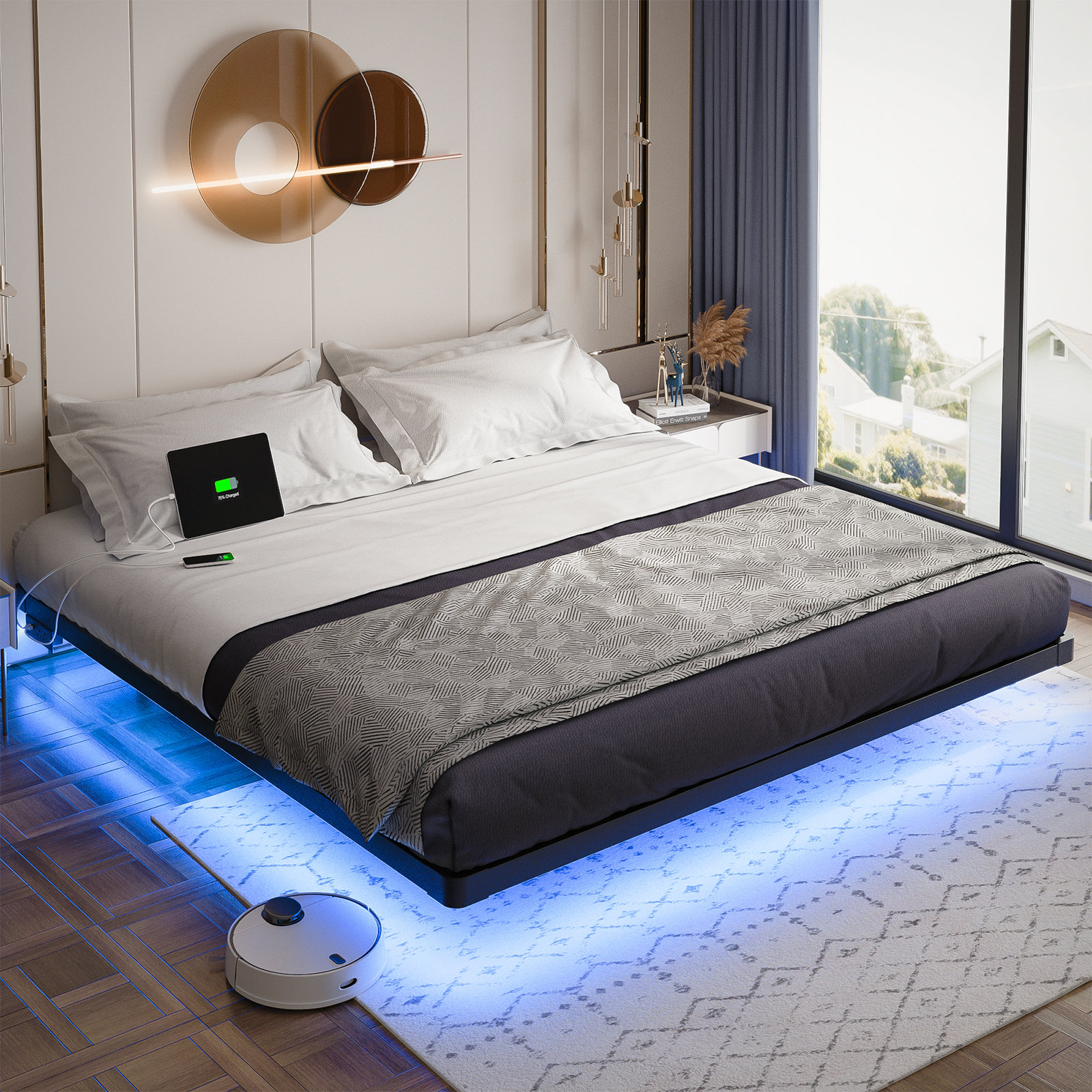 Latitude Run® Kathrene Floating Bed Frame with LED Lights and Charging ...