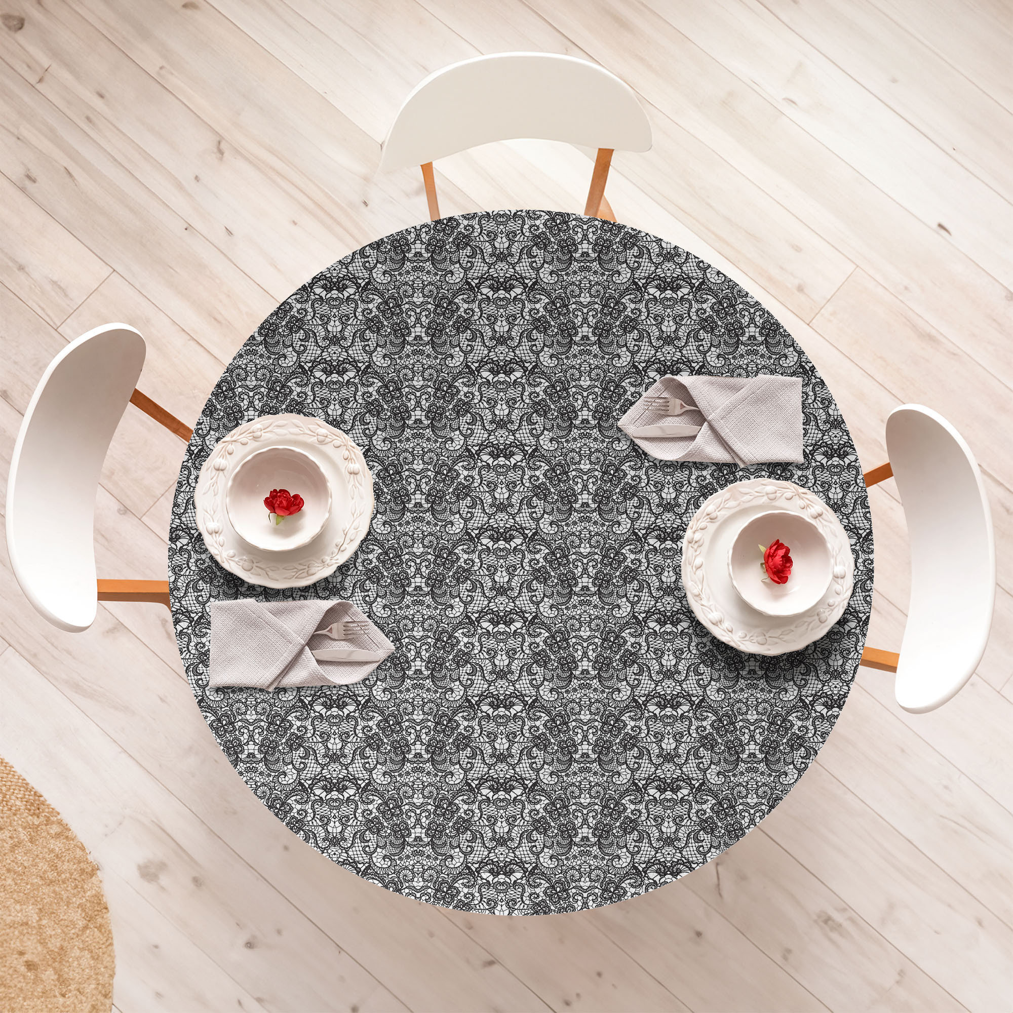 Bungalow Rose Gothic Fitted Round Tablecloth Diameter Black White | Wayfair