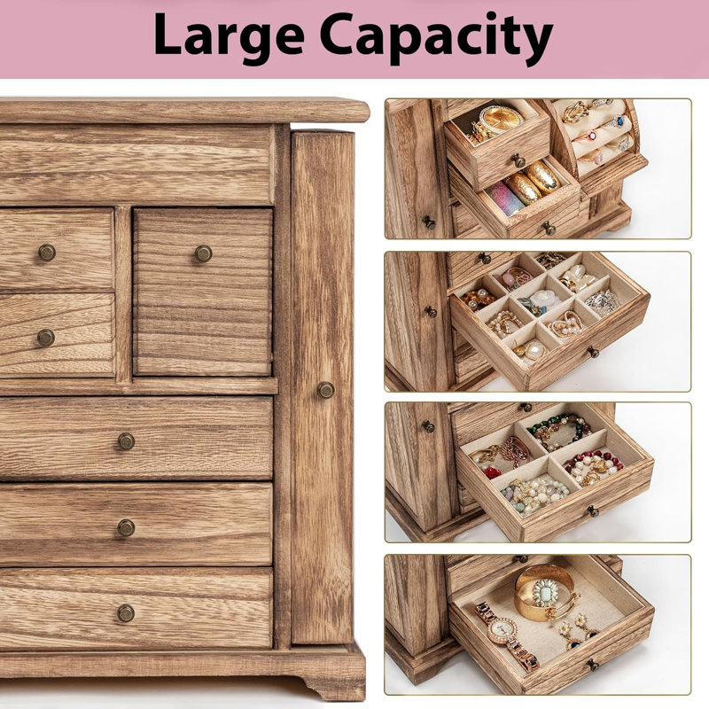Emfogo Jewelry Box For Women, 6 Layer Rustic Wooden Jewelry Boxes ...