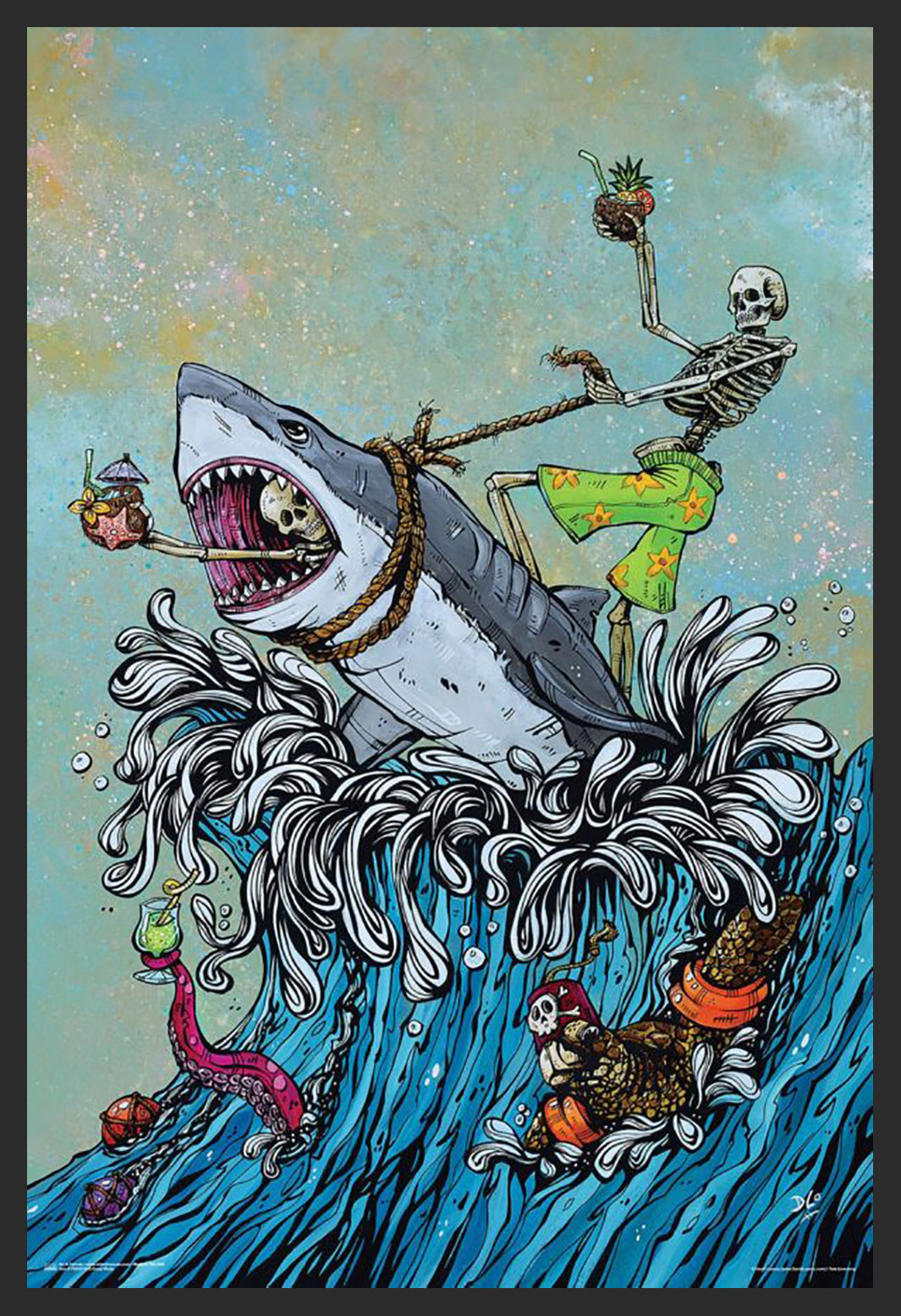 Trinx Great White Wave - 2 Skeletons Riding Shark Framed On Poster ...