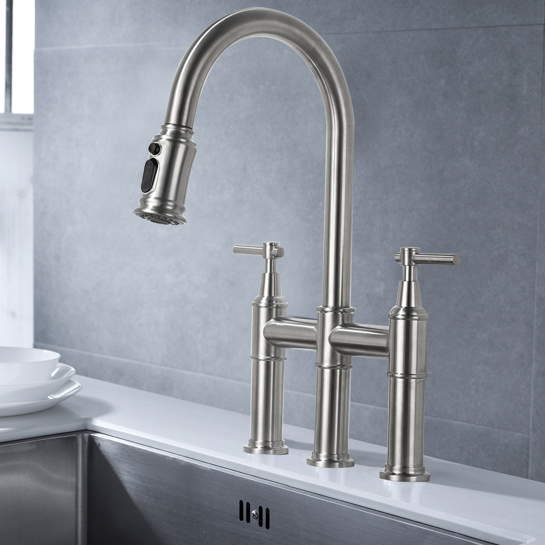 Ivy Bronx Pull-Down Kitchen Faucet - Dual Handle Switch For Fine-Tuned ...