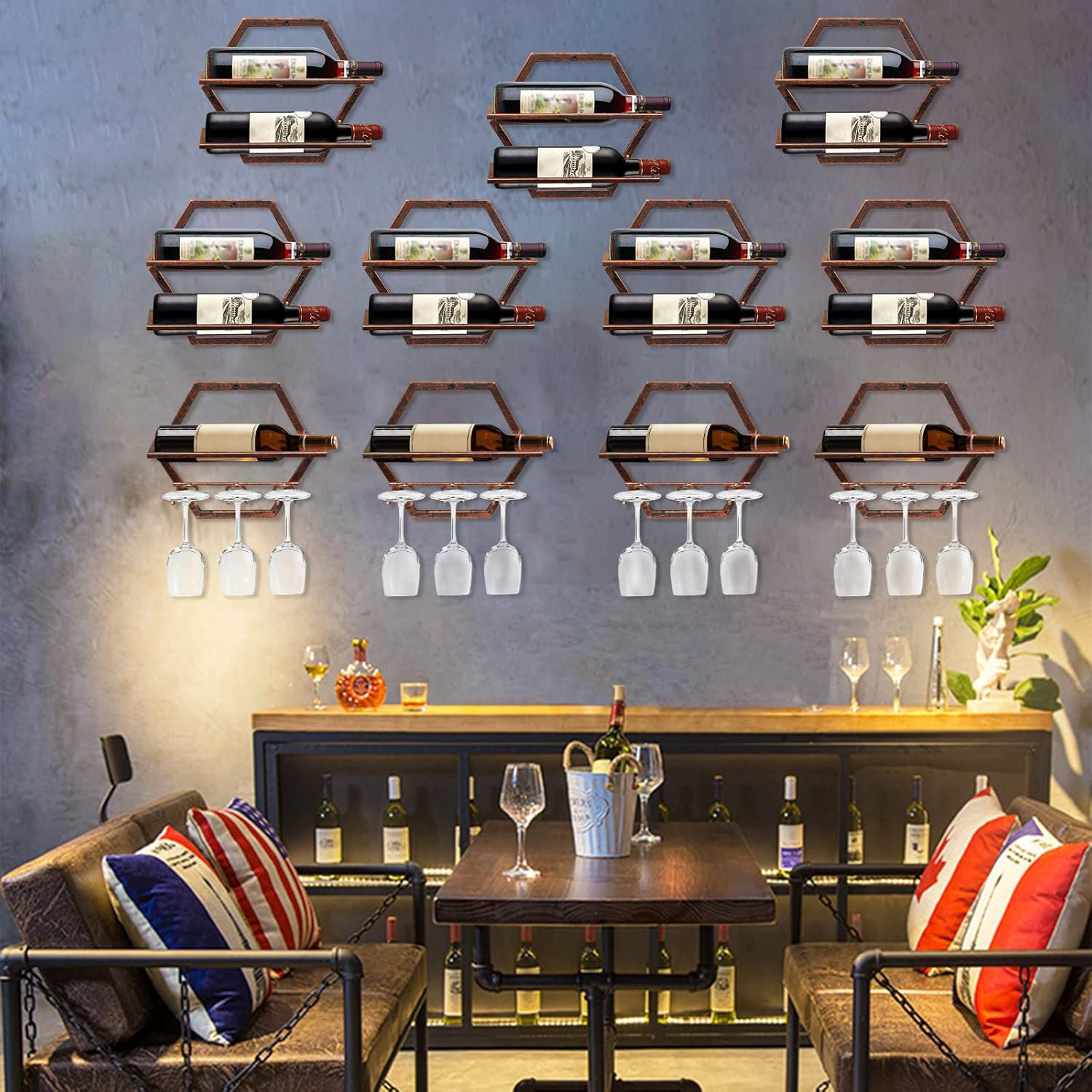 AMIPOR 2Pcs Wall Mounted Wine Bottle Rack, Metal Hanging Wine Display ...