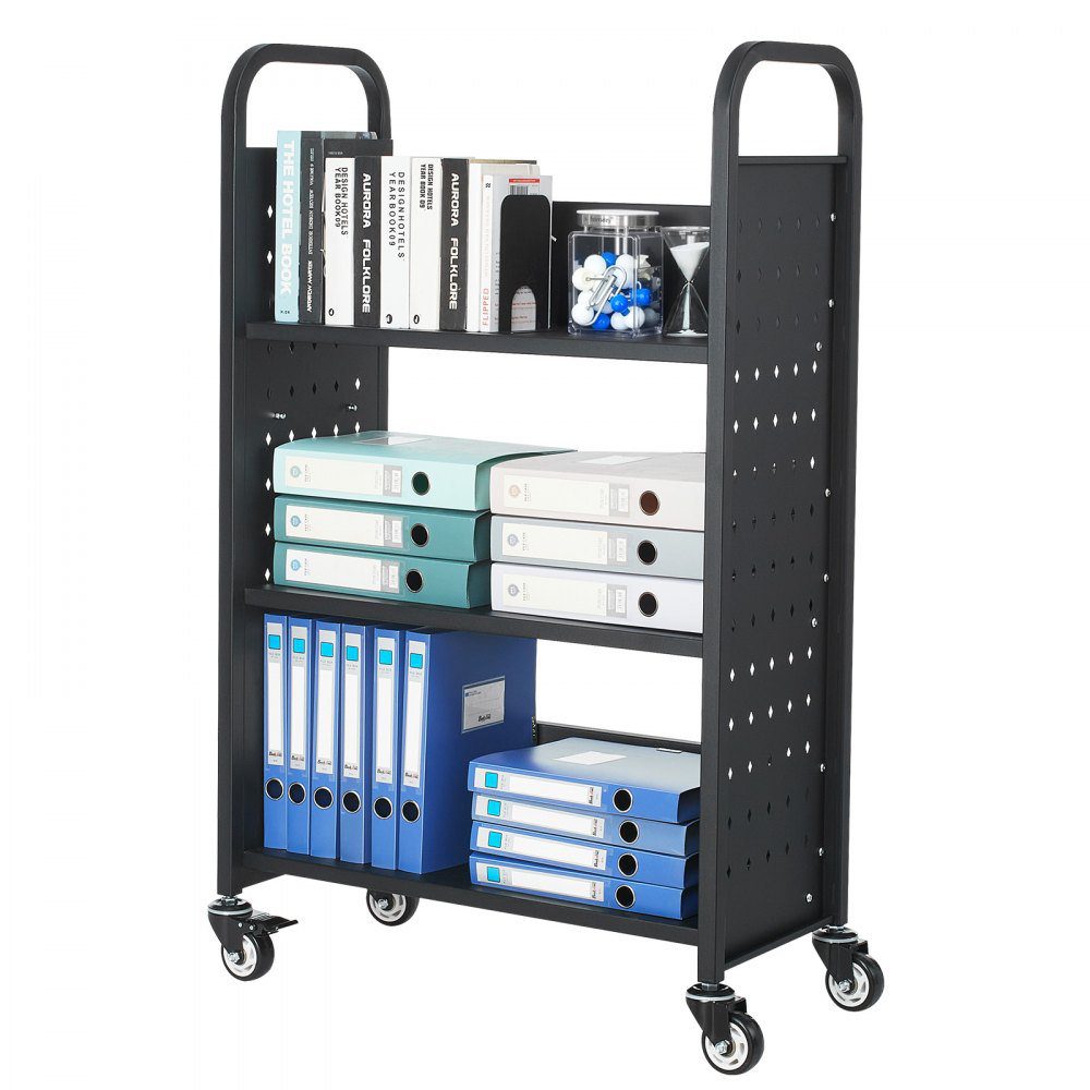 VEVOR 3-Tier Rolling Book Cart Single Sided L-Shaped Shelves Book Truck ...
