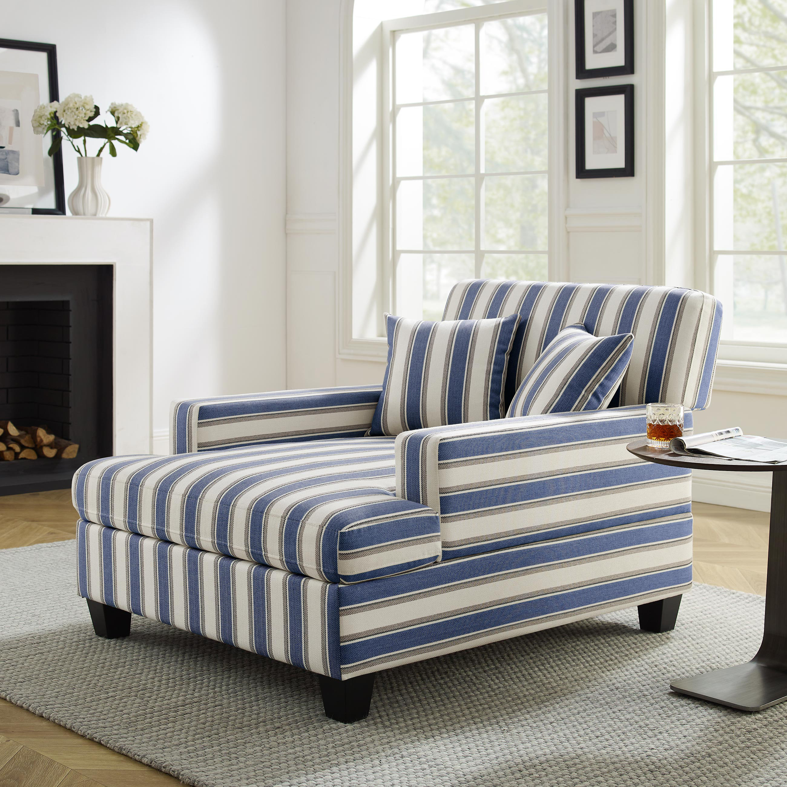 Gracie Oaks Linen Striped Fabric Chaise Lounge With Adjustable Backrest ...