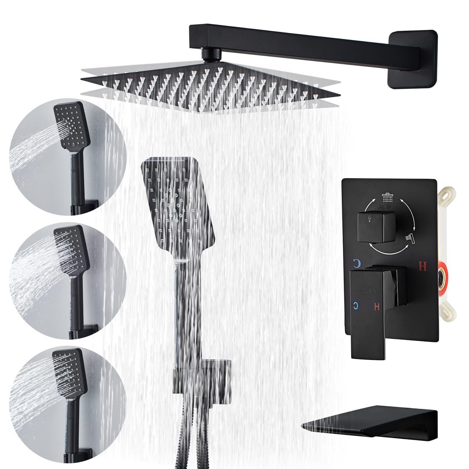 OLHAV 10 Inch Square Black Shower Faucet Set With Tub Spout,Showerhead ...