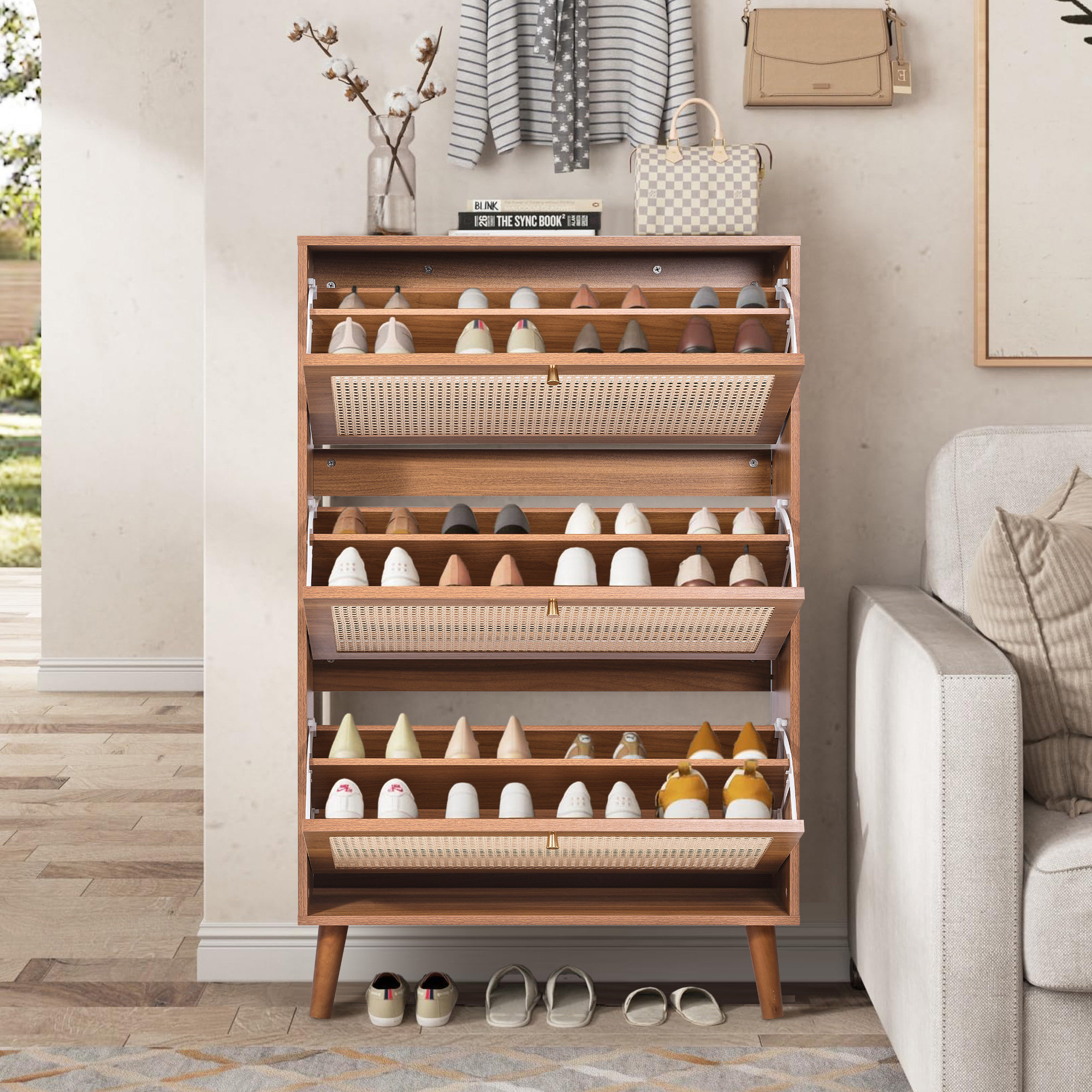 Rebrilliant Rattan Shoe Cabinet with 3 Flip Drawers, 24 Pairs ...