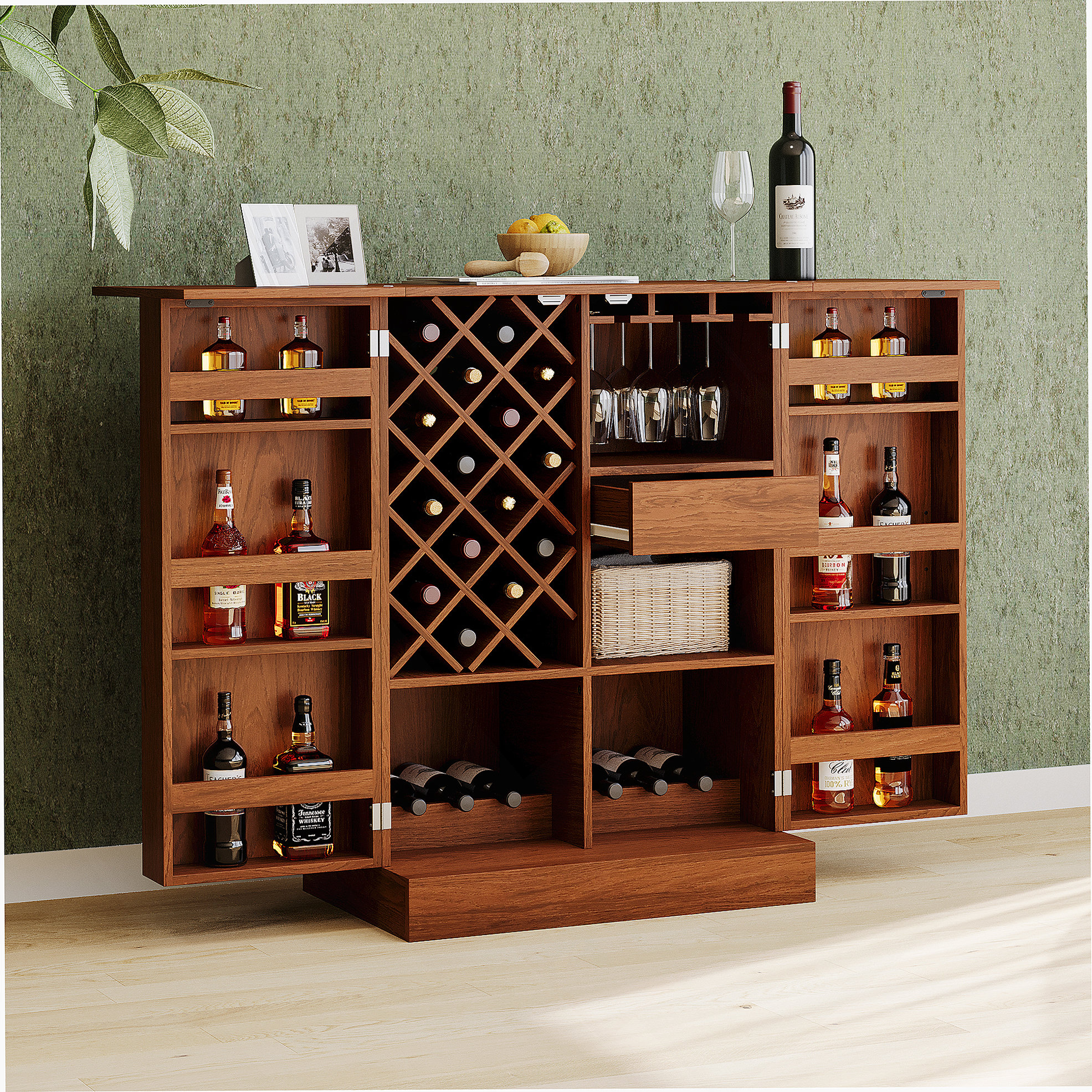 Bay Isle Home™ 41.9" Home Bar Cabinet, Industrial Walnut Rattan Door ...