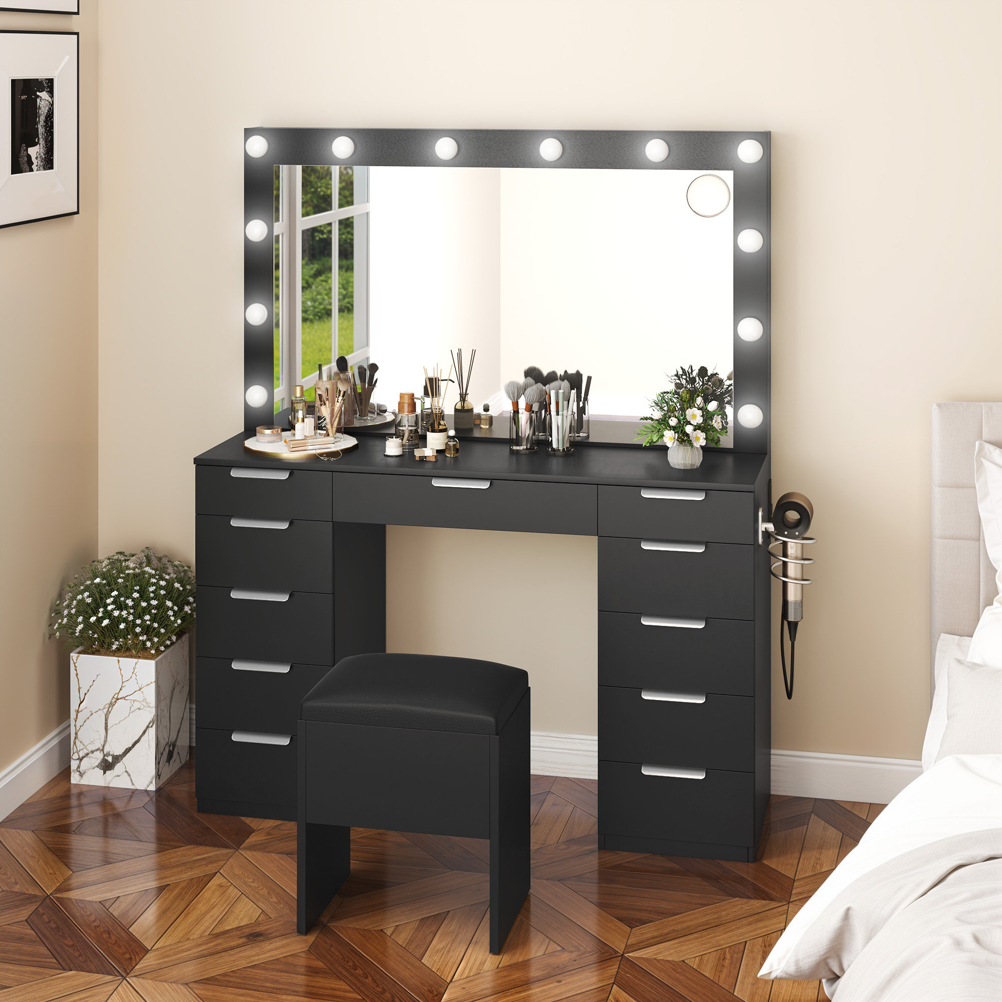 Latitude Run® LED Vanity Desk Set with 11 Drawers & Adjustable Mirror ...