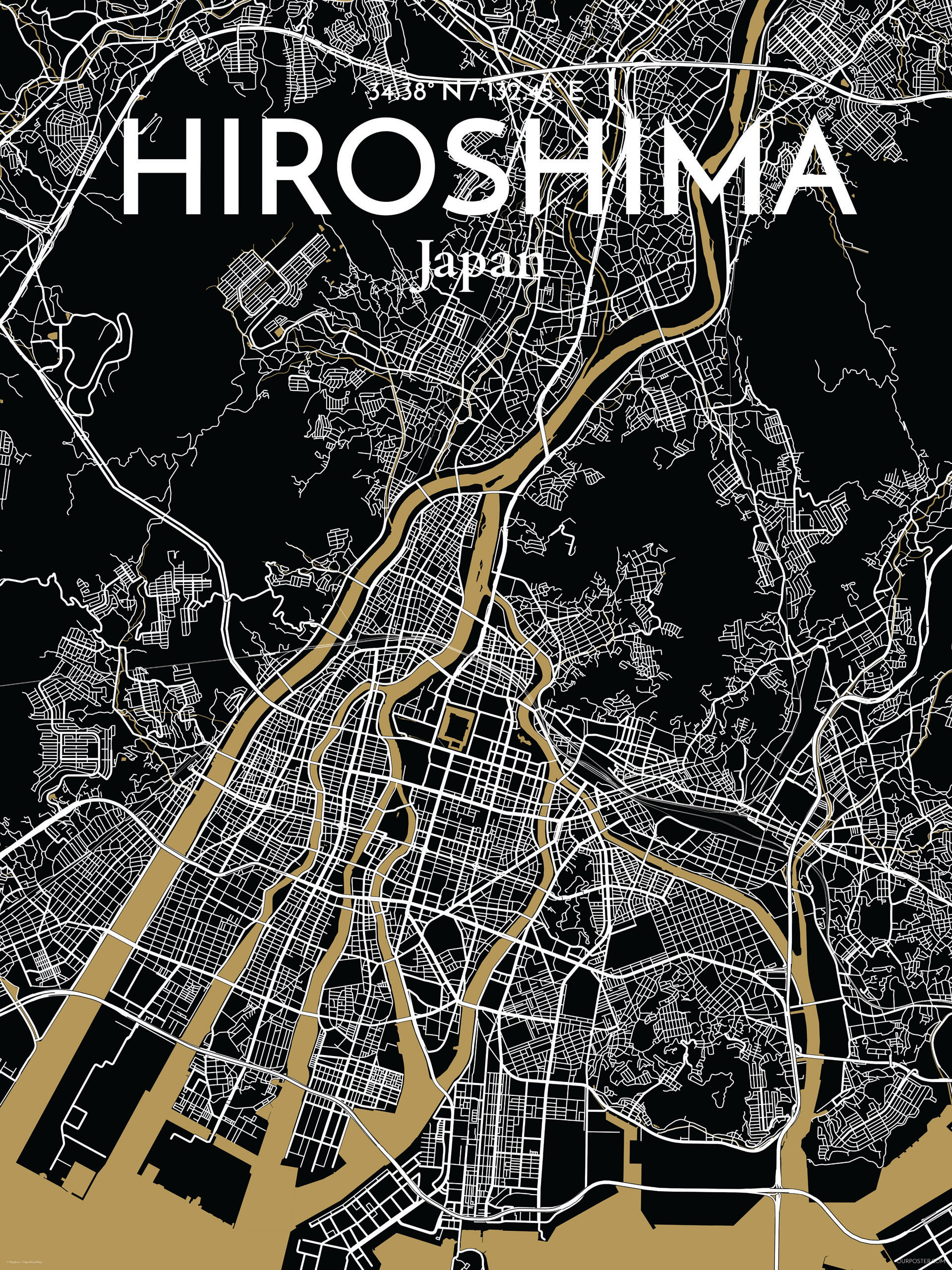 OurPoster.com 'Hiroshima City Map' Graphic Art Print Poster in Luxe ...