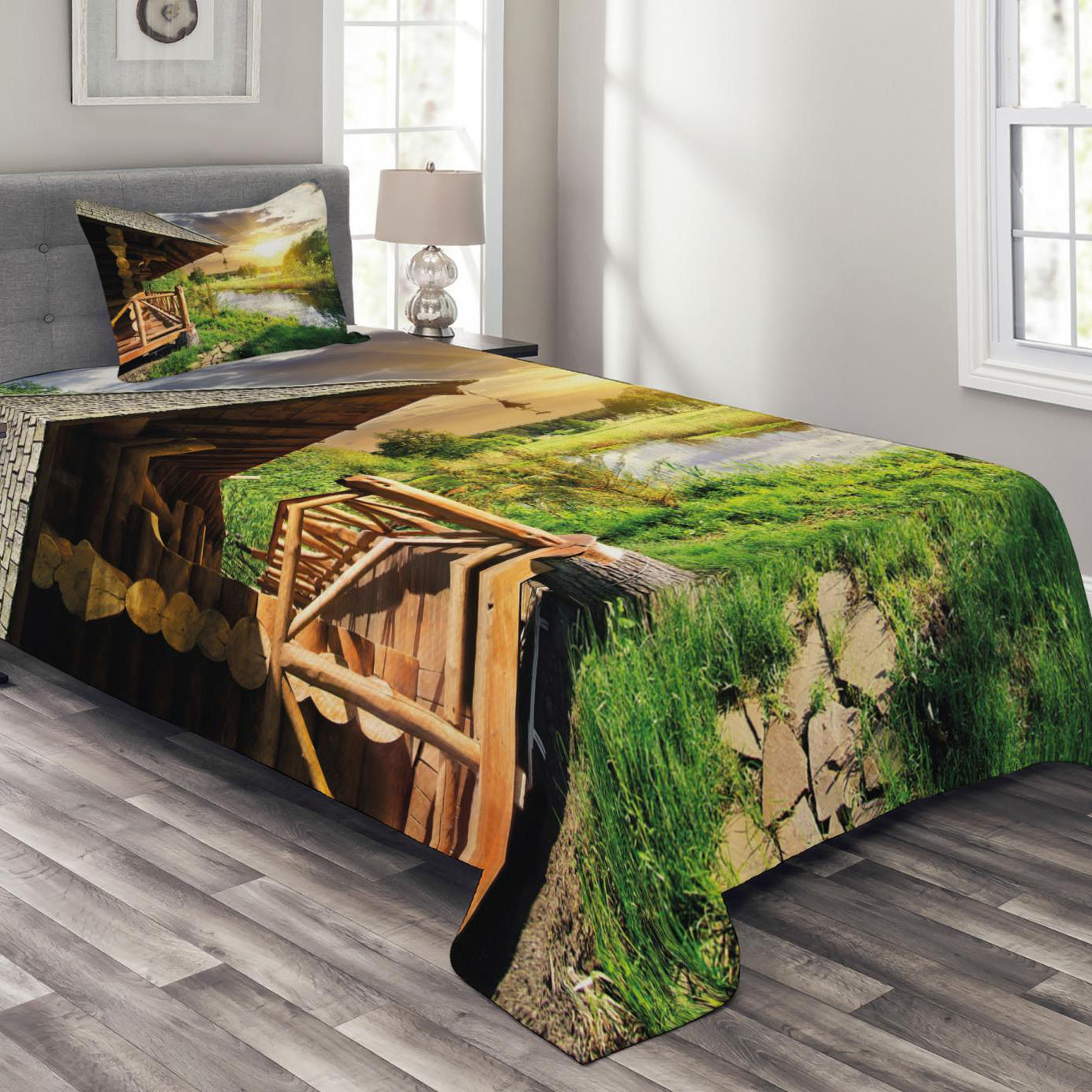 Ambesonne Nature Green/Gray Microfiber Reversible Eclectic Coverlet ...