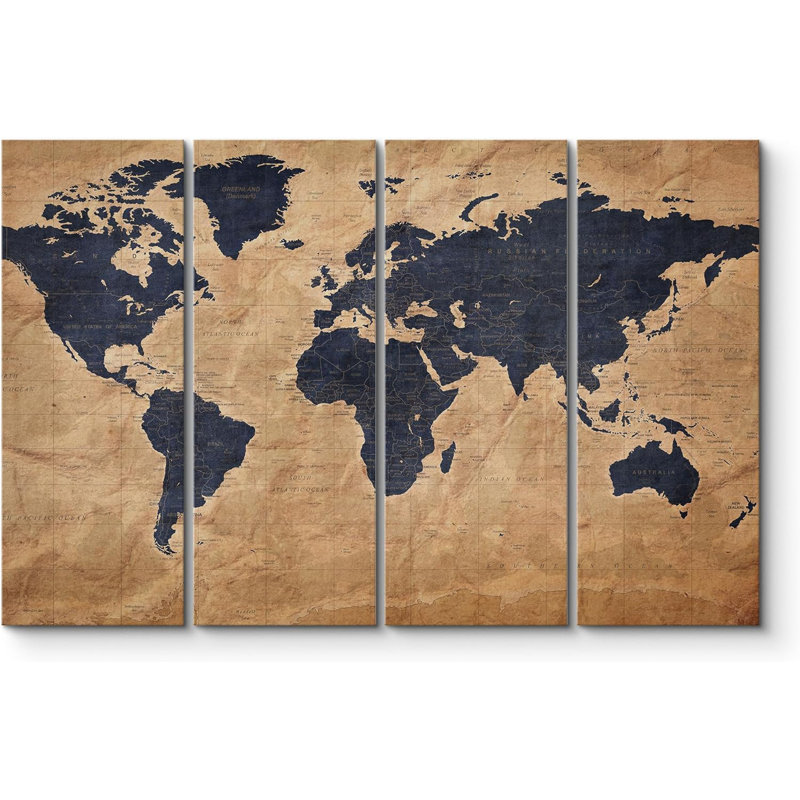 IDEA4WALL World Map Blue, Brown Maps On Canvas 4 Pieces Print | Wayfair