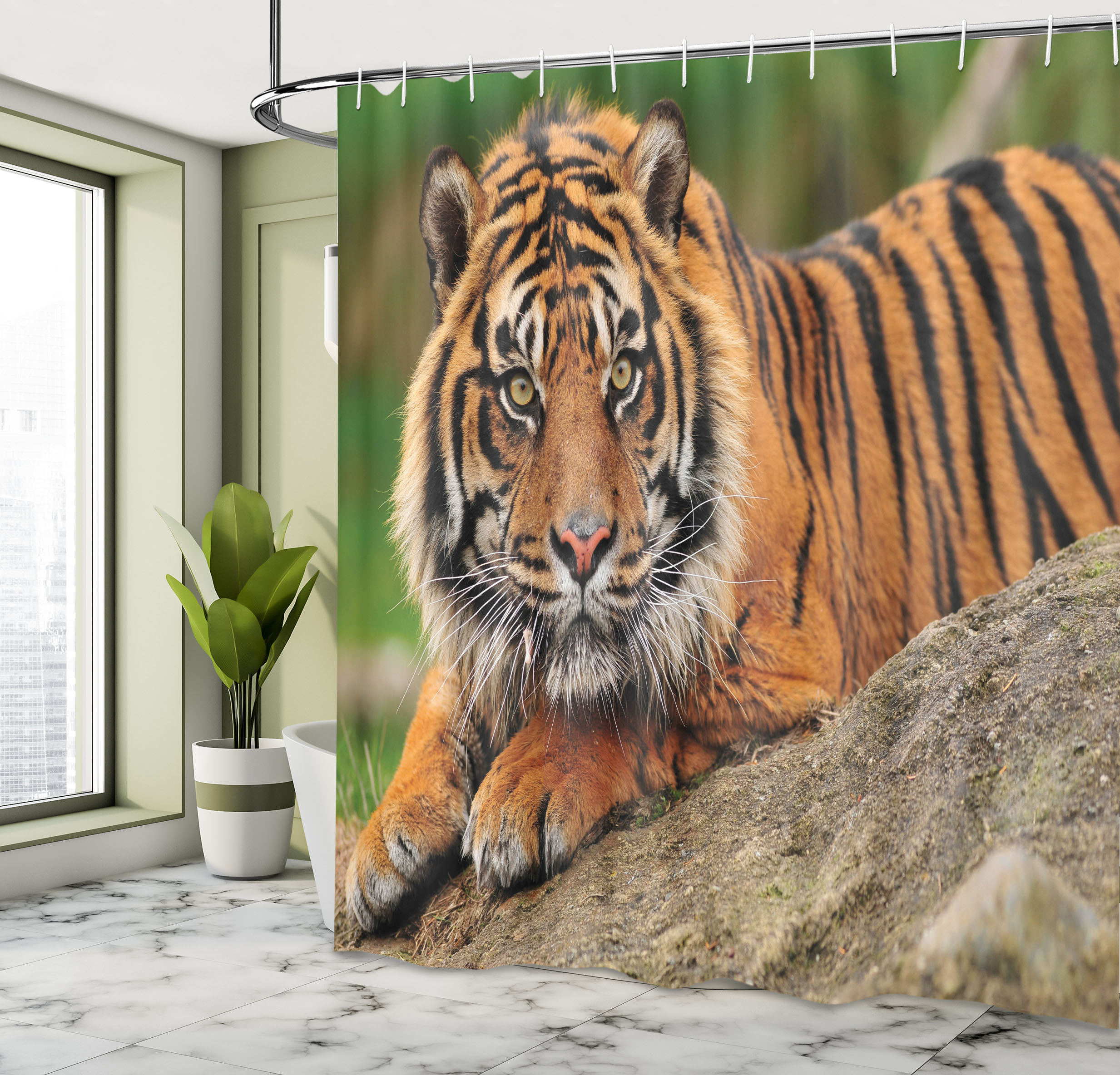East Urban Home Devaney Tiger Shower Curtain Tiger Crouching on Rock ...