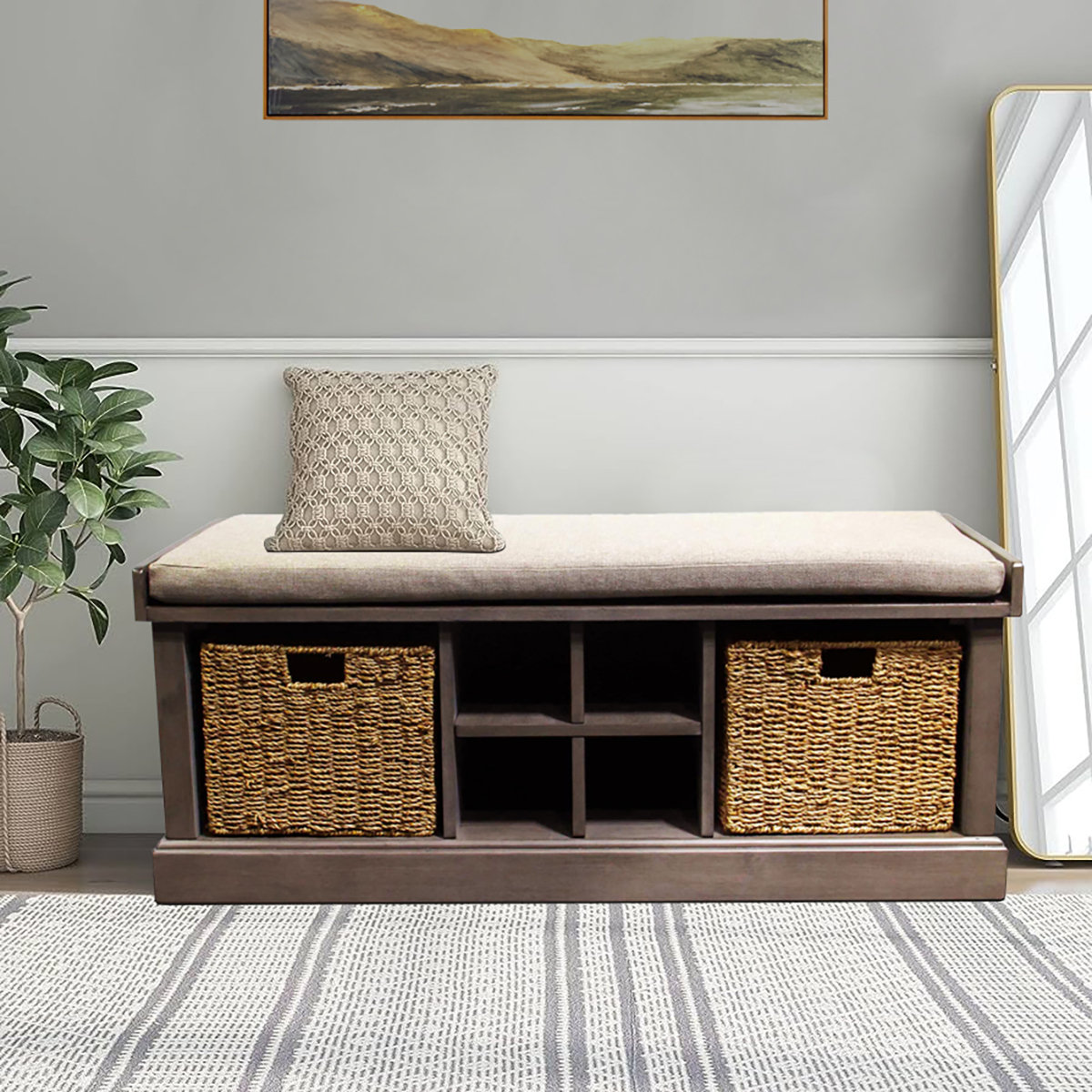 Gracie Oaks Gorge Canvas Upholstered Storage Bench with Natural Baskets ...