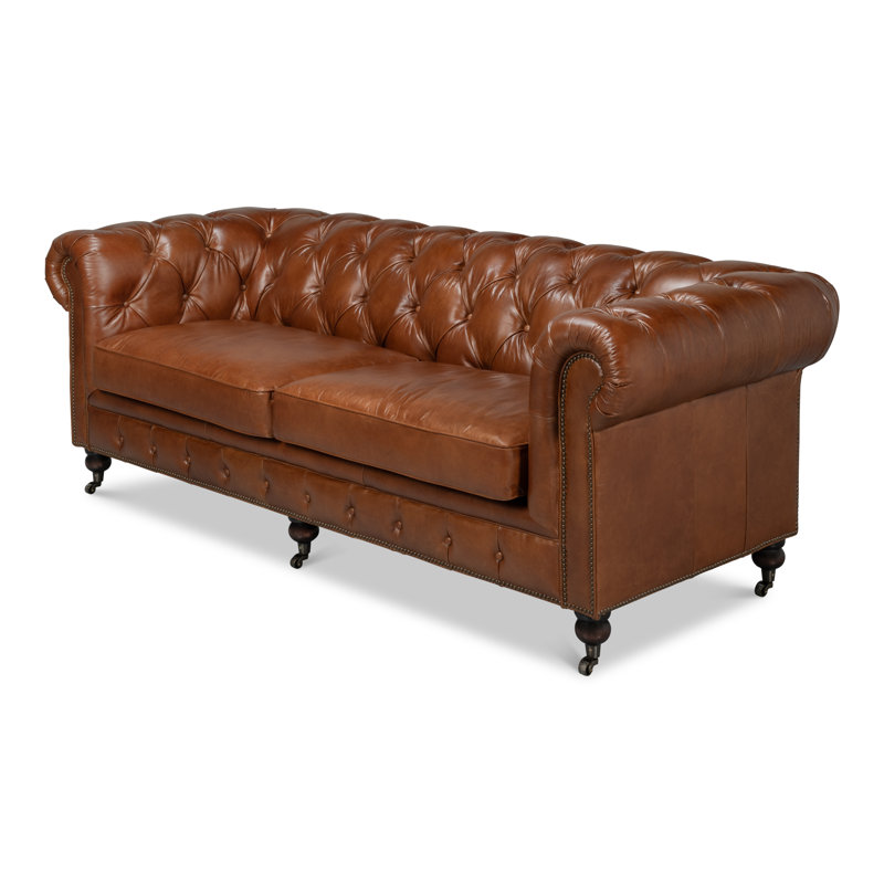 Sarreid Ltd Castered Chesterfield 89" Genuine Leather Rolled Arm Sofa ...