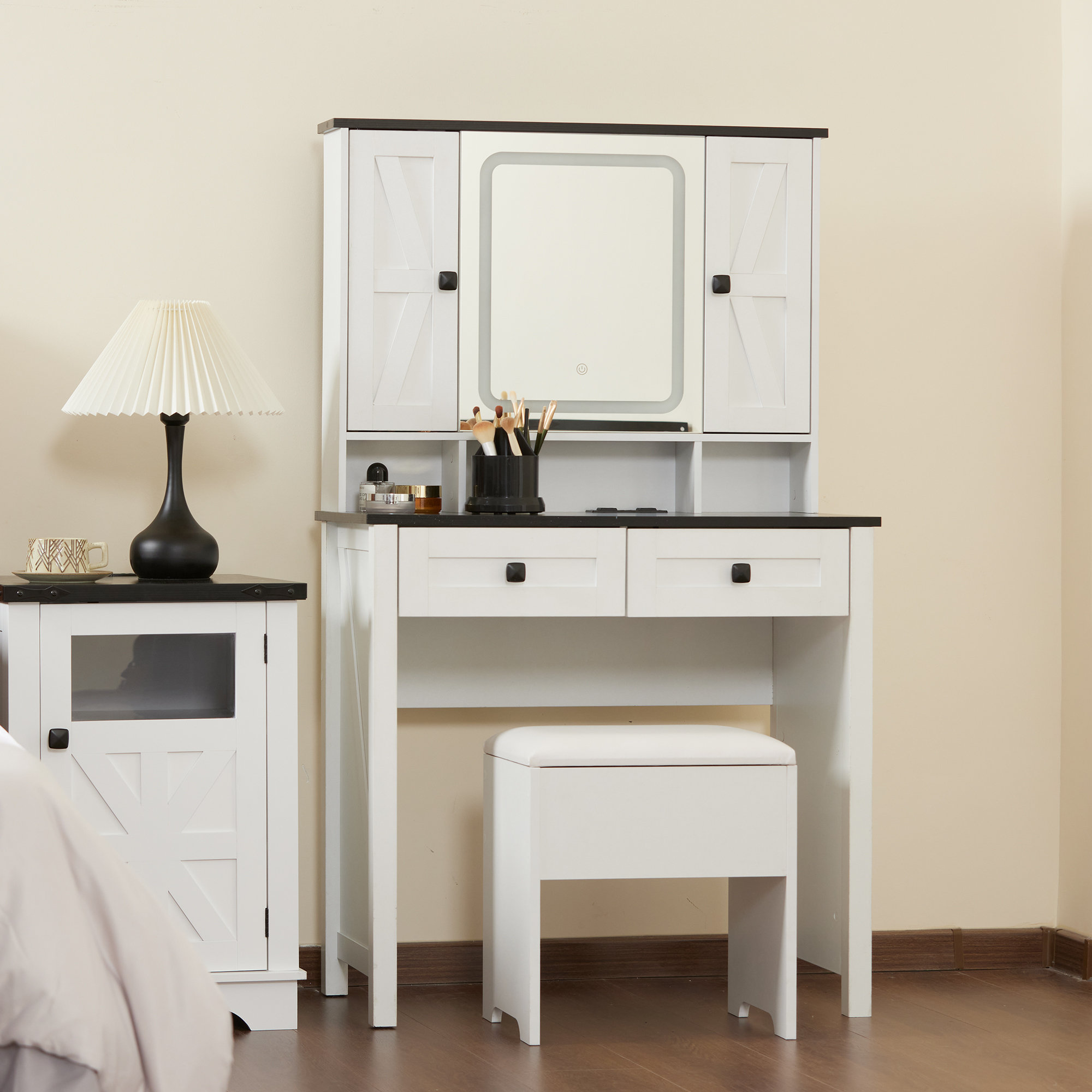 Wrought Studio Farmhouse 32'' Makeup Vanity Desk with lighted Mirror ...