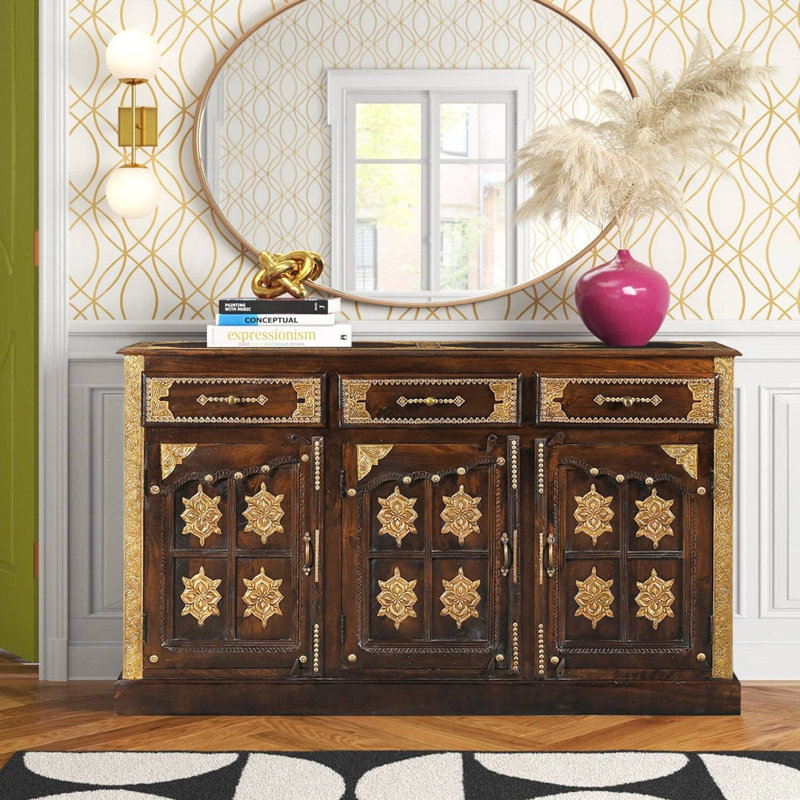 Far Pavilions Transitional Style Solid Wood Buffet With Hammered Brass ...