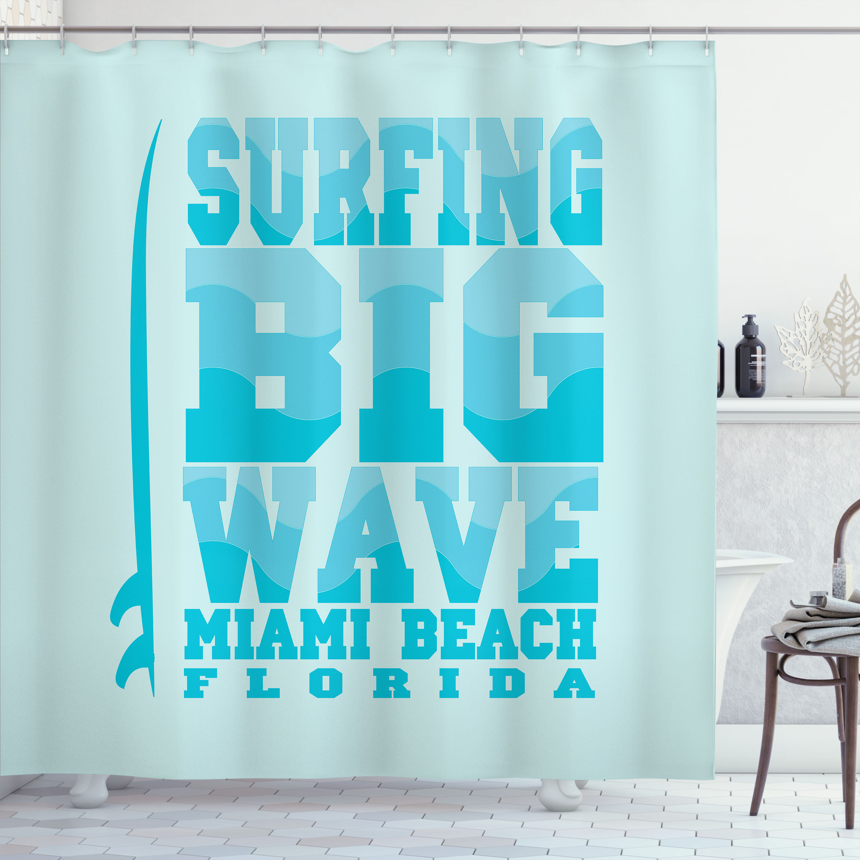 Dovecove Florida Shower Curtain Surfing Big Wave Miami Pale Blue Sky ...