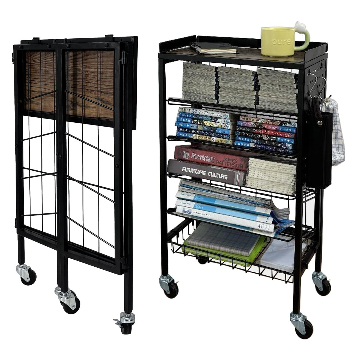 17 Stories 6-Tier Foldable V-Shaped Bookshelf With Rolling Wheels And ...