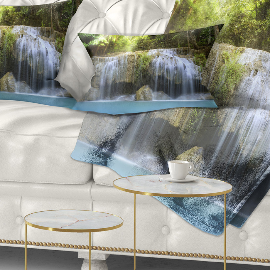 Design Art Erawan Waterfall - Landscape Printed Throw Pillow | Wayfair