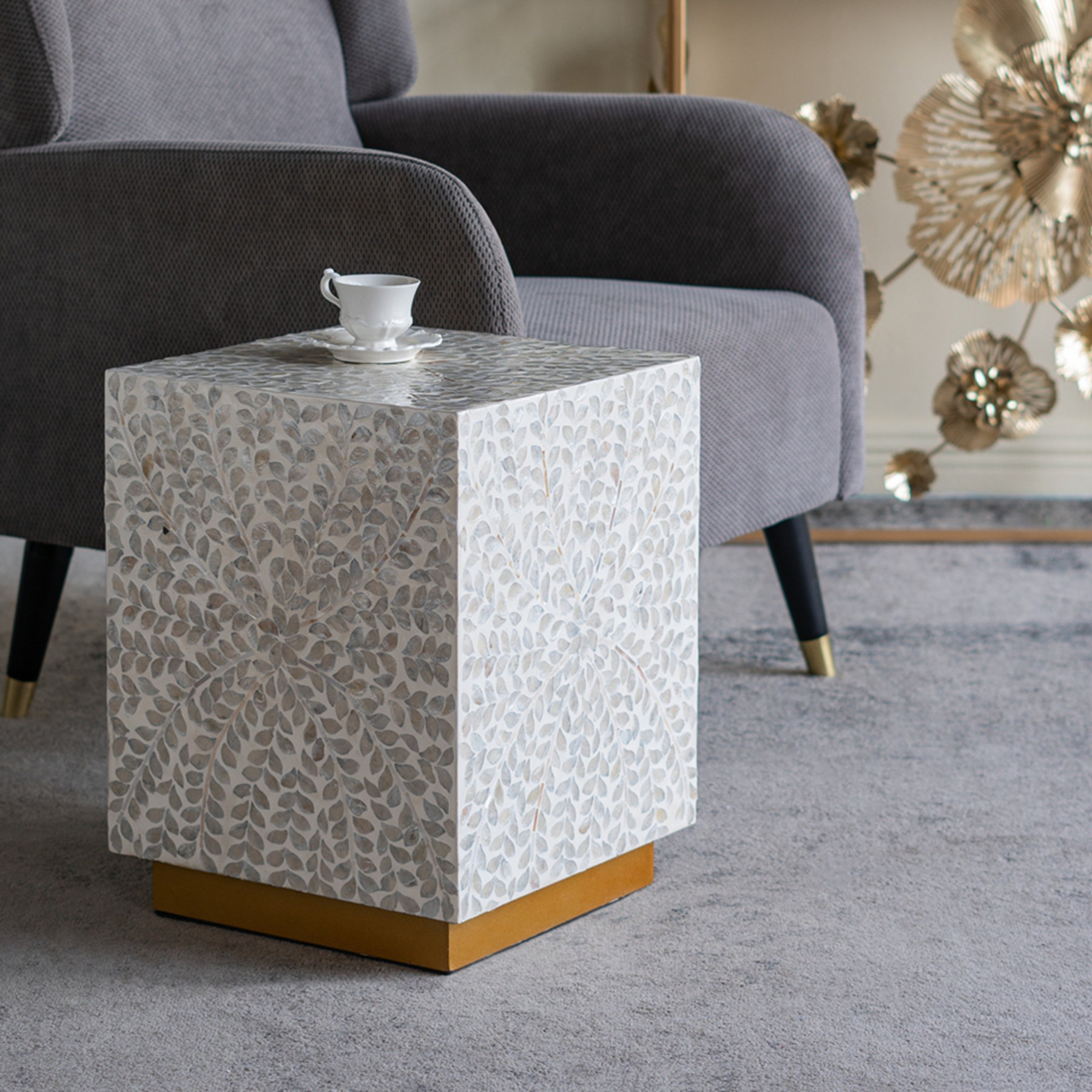 Lark Manor™ Square Accent Stool with White Capiz Shell Finish and Gold ...
